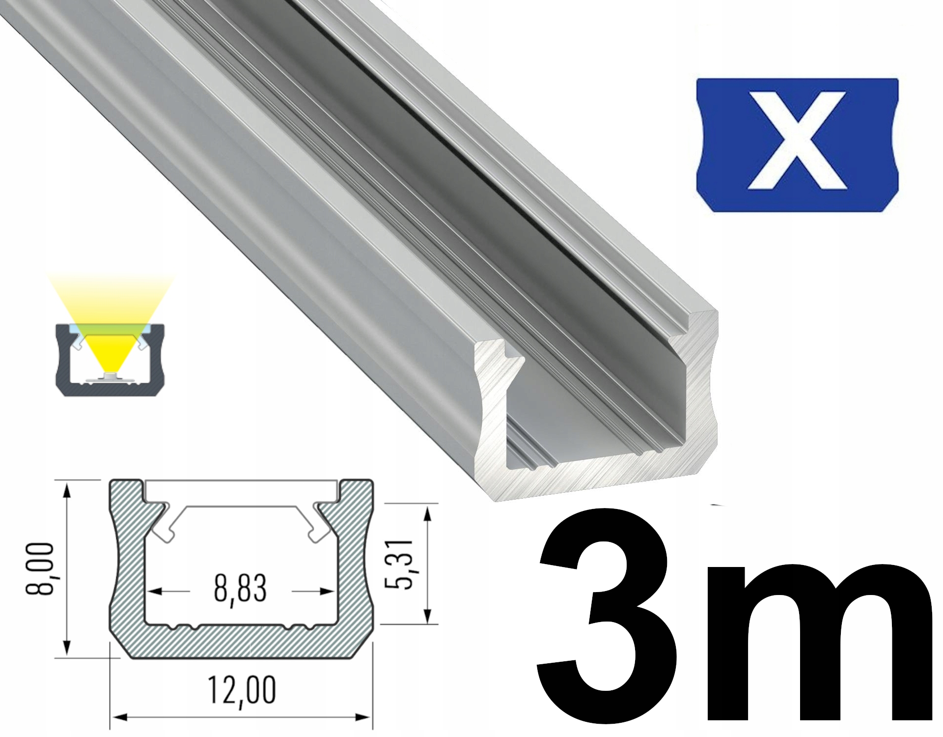 PROFIL LED 3M ALUMINOWY DO TAŚM 12mm WĄSKI TYP X SREBRNY ANODOWANY 3M ...