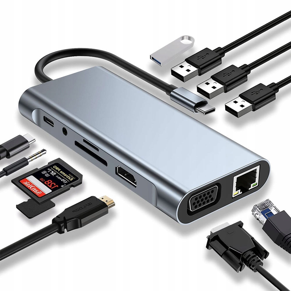 HUB STACJA DOKUJĄCA USB C ADAPTER HDMI GIGABIT ETHERNET RJ45 11W1 - Sklep, Opinie, Cena w Allegro