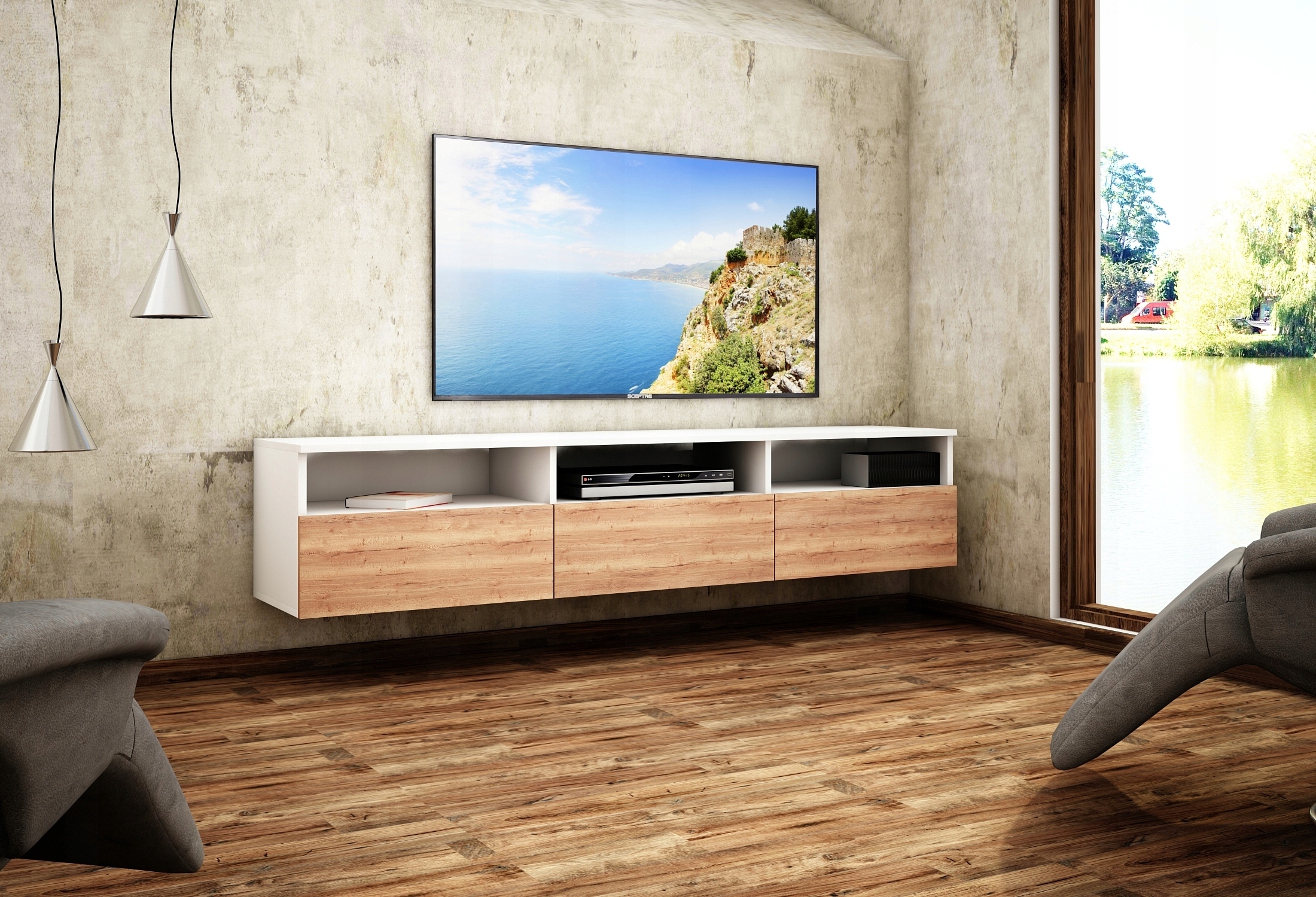 WISZĄCA SZAFKA RTV LUMI 200 DĄB HALIFAX EGGER • Cena, Opinie • Szafki ...