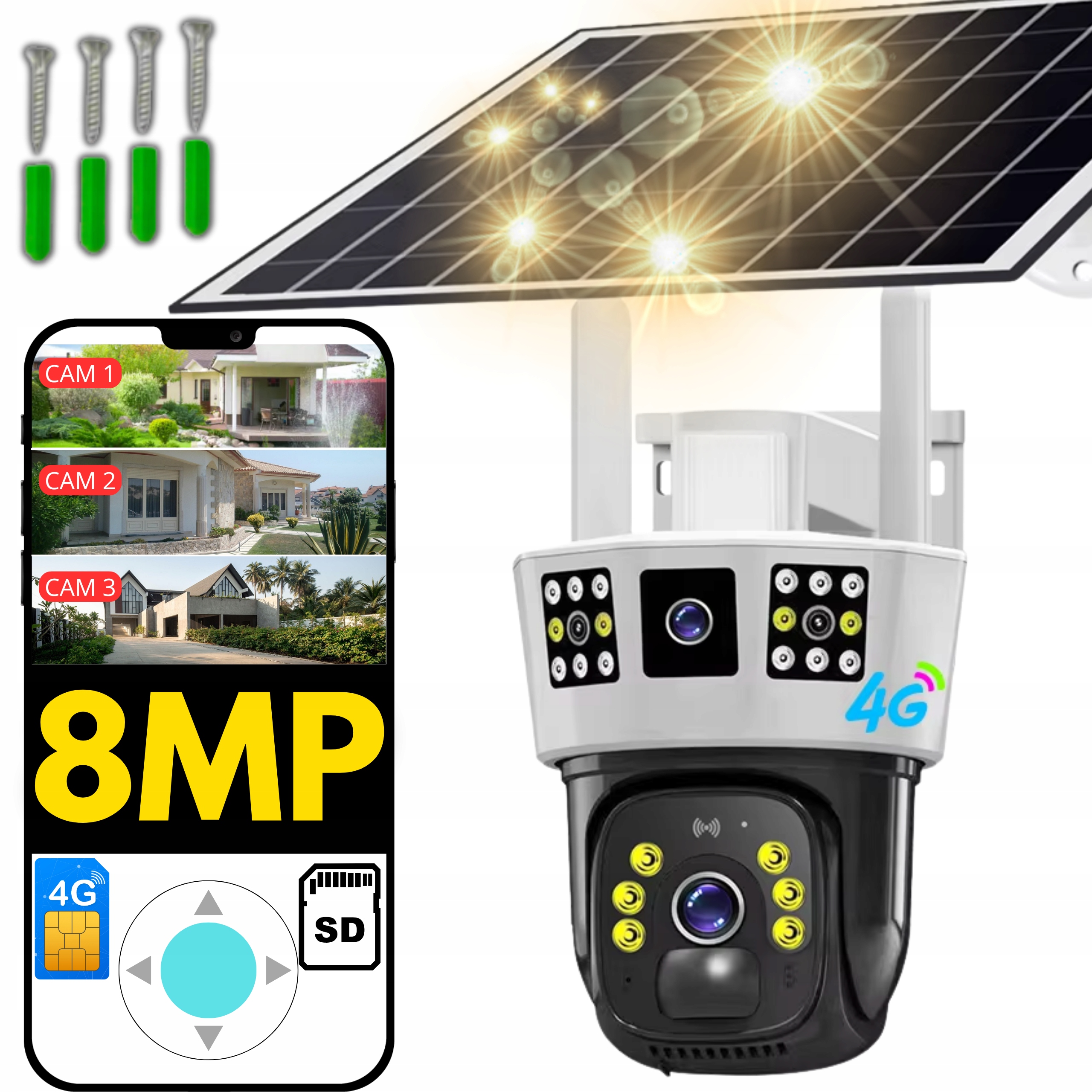 Kamera Solarna Zewnętrzna Na kartę SIM 4K TYP-C DWA OBIEKTYWY 8MP ...