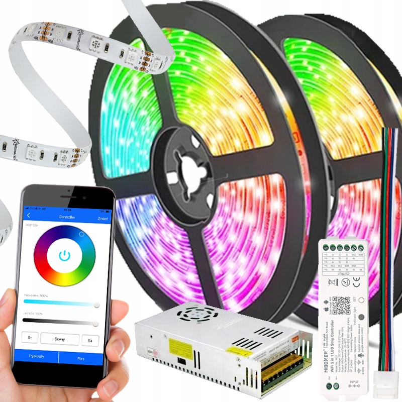KOLOROWA TAŚMA LED RGBW RGB STEROWANA APLIKACJĄ LEDY 5050 12V IP20 11m ...