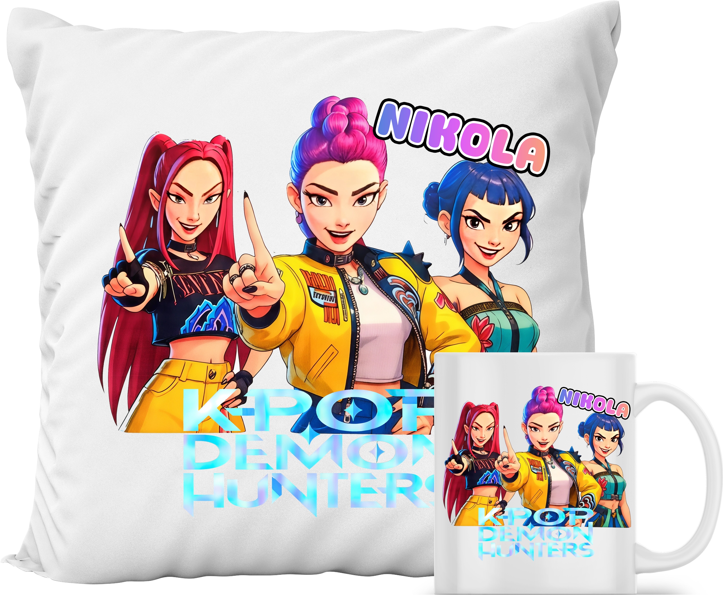 ZESTAW PODUSZKA KUBEK HUNTRIX DEMON HUNTERS K-POP LOGO + IMIE • Cena, Opinie • Zabawne gadżety ...