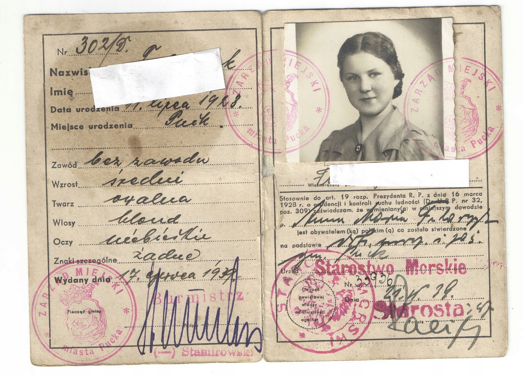 Dowód osobisty - miasto Puck - 1939 - burmistrz Karol Stamirowski ...