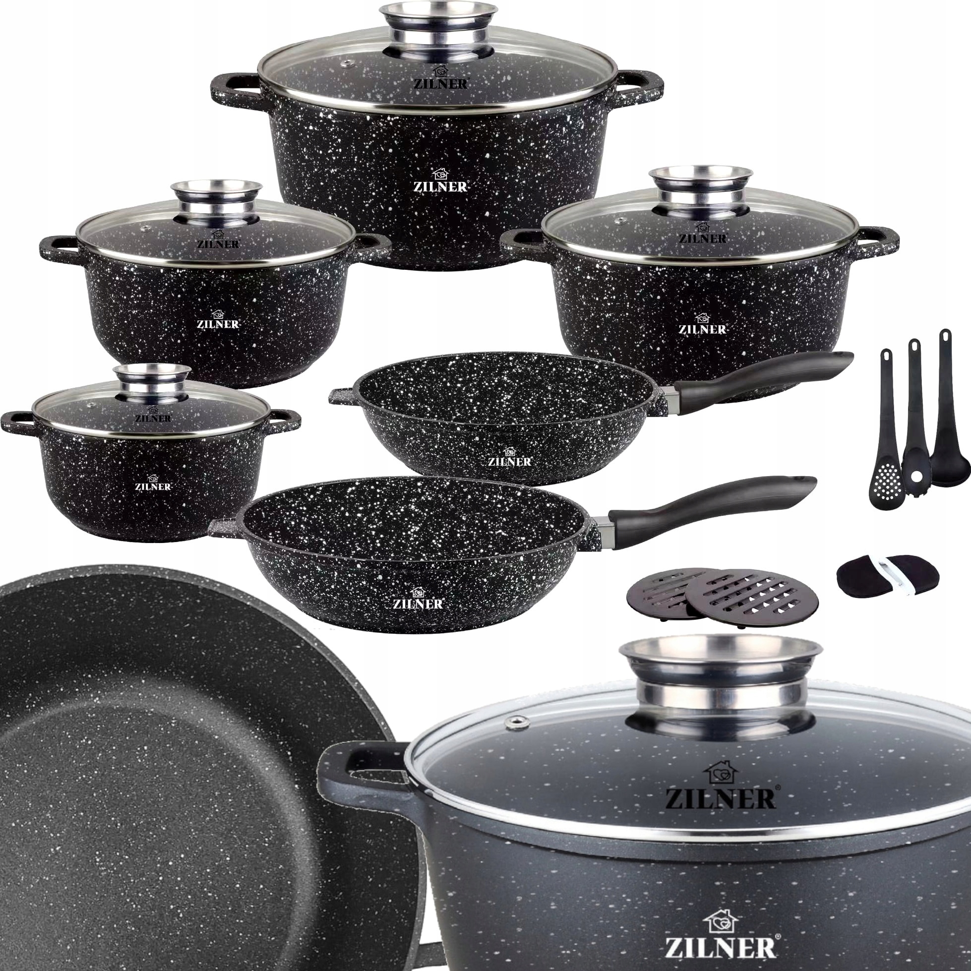 ZESTAW GARNKÓW MARMUROWYCH GARNKI KOMPLET PATELNIA INDUKCJA GAZ+ ŁAPKI ...