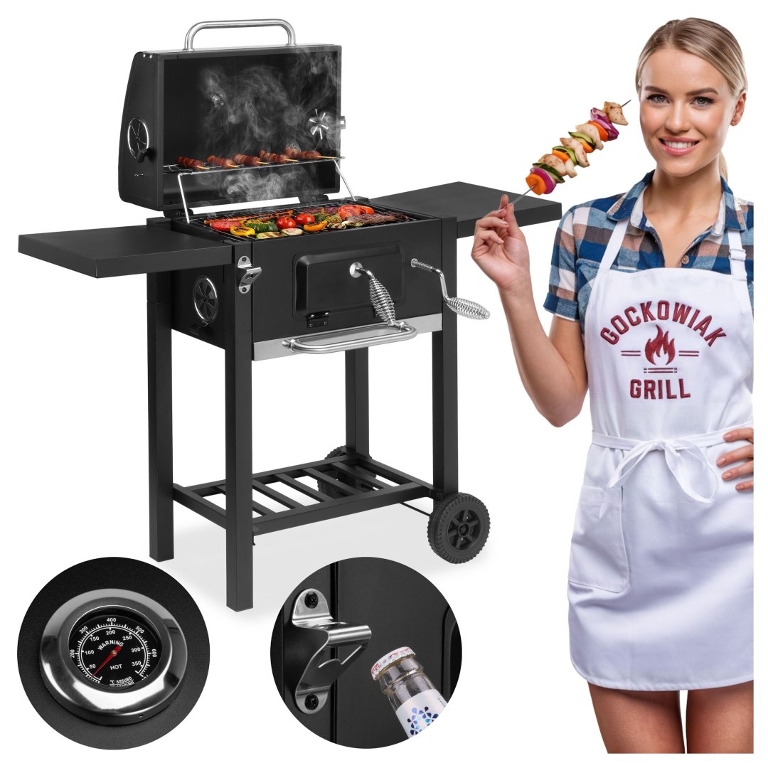 GRILL WĘGLOWY OGRODOWY Z POKRYWĄ POPIELNIK TERMOMETR REGULACJA ...