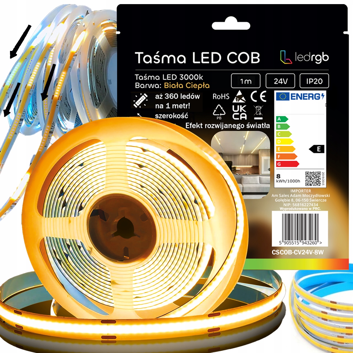 TAŚMA LED COB 1m 24V 360d BIAŁA CIEPŁA 3000K CYFROWA PIXEL PŁYNĄCA ...