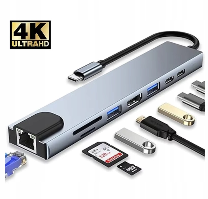 Adapter HUB 8w1 USB-C przejściówka USB 3.0 PD HDMI 4K SD LAN - Sklep, Opinie, Cena w Allegro