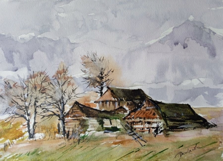 Akwarela Obraz Pejzaż Chaty w górach 14118352292 - Allegro.pl