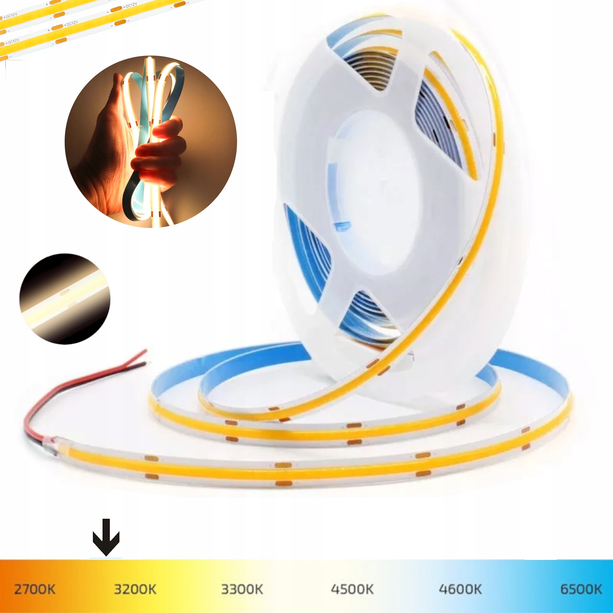 TAŚMA LED COB CIEPŁA 3000K LINIA ŚWIATŁA BEZPUNKTOWA NEON 1M 12V 11W/m ...