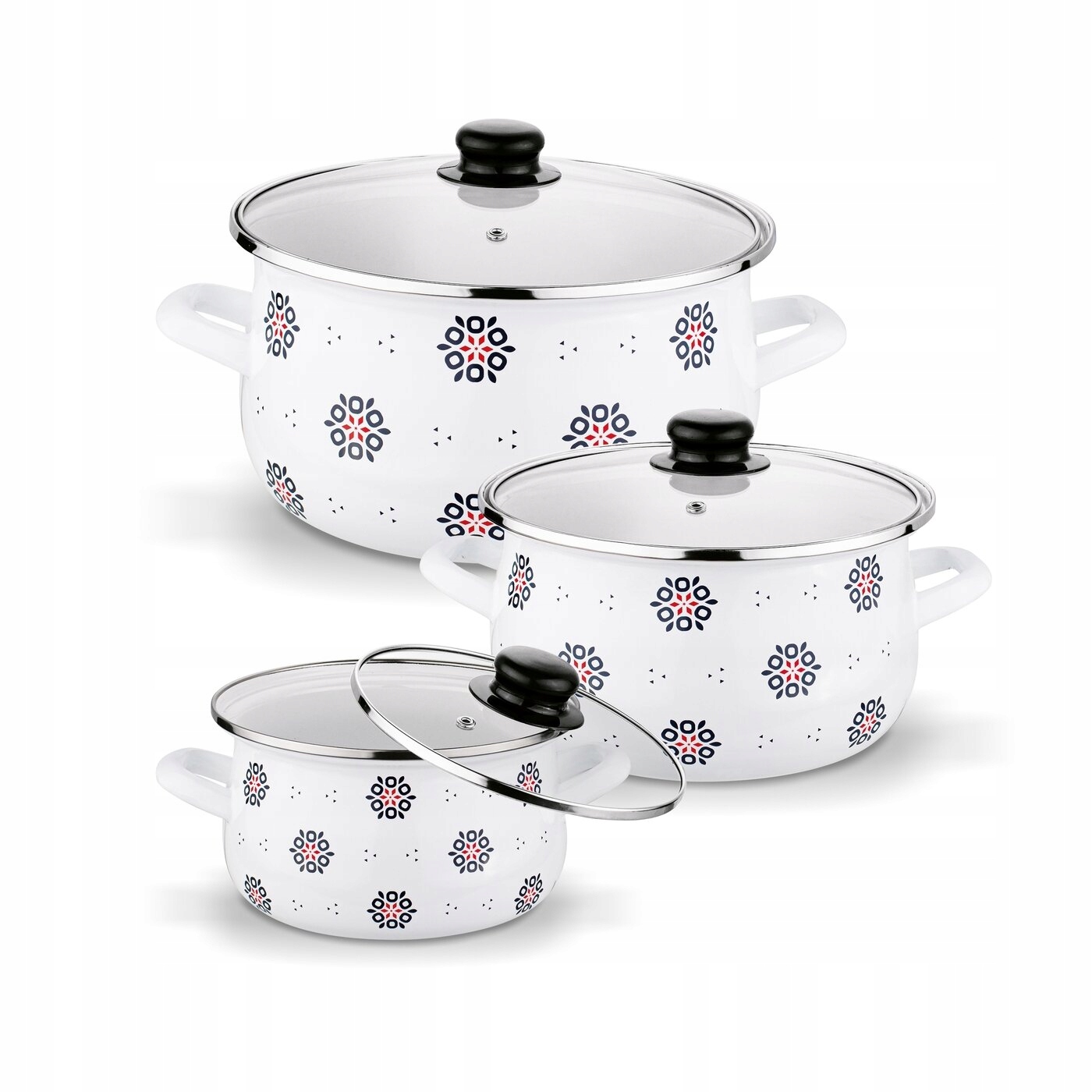 ZESTAW GARNKÓW EMALIOWANE garnki komplet na gaz LUDOWY STYL FOLKLOR ...