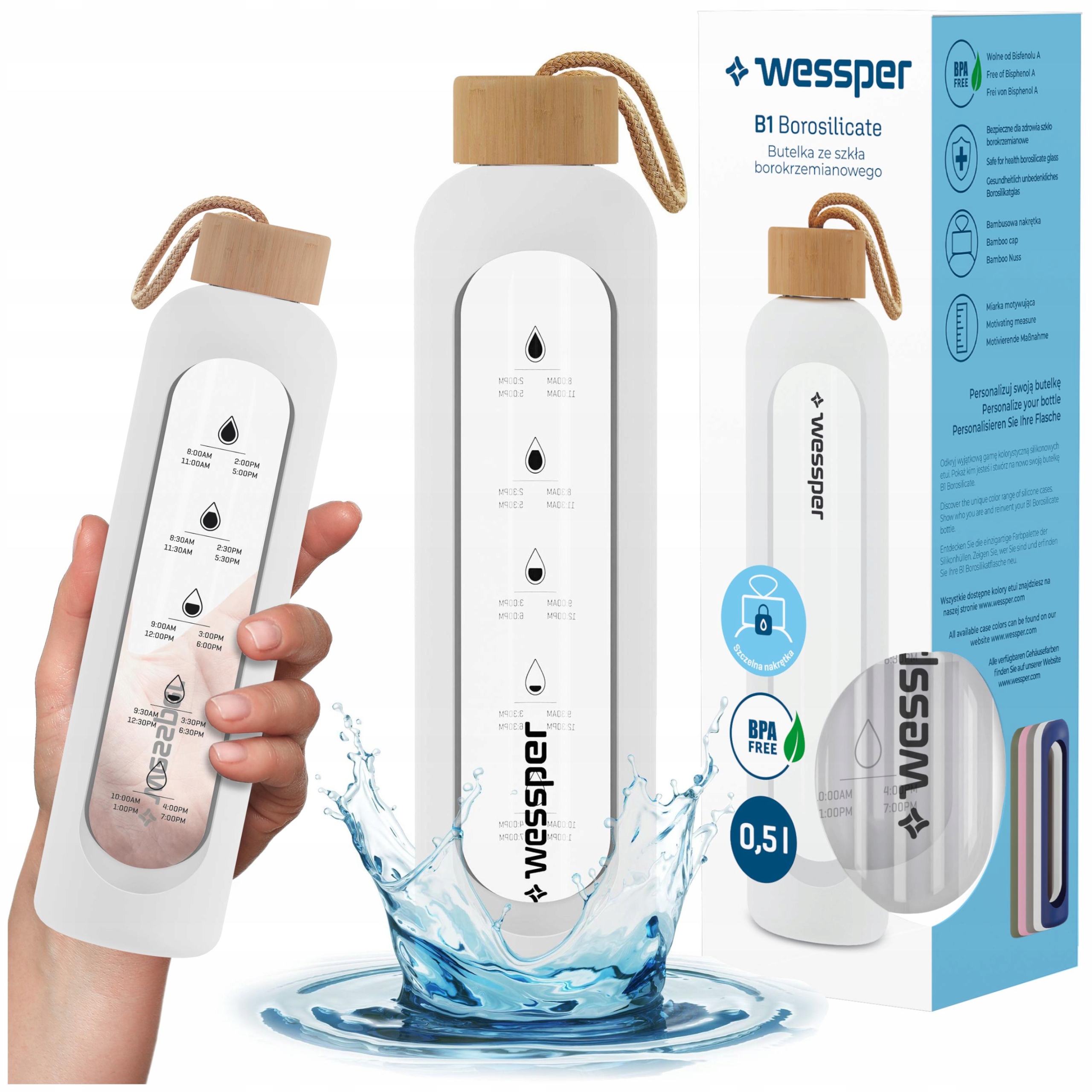 BIDON BUTELKA SZKLANA NA WODĘ WESSPER 500ml 0,5l + pokrowiec z silikonu (5902668843478) • Cena ...