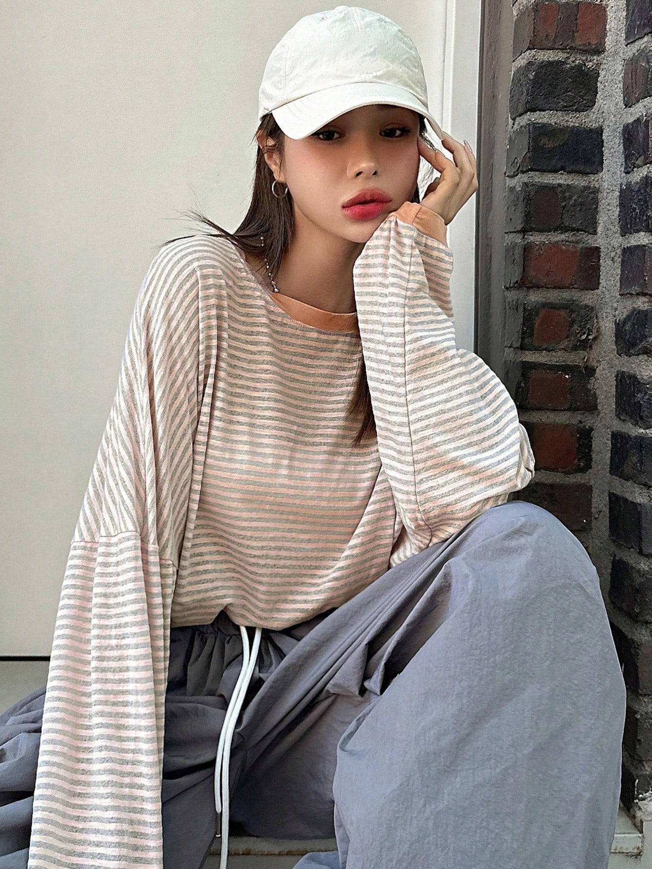 BRĄZOWO SZARA GŁADKA BLUZKA Z DŁUGIM RĘAWEM OKRĄGŁY DEKOLT PASKI DAZY XL 16948291595 - Allegro.pl