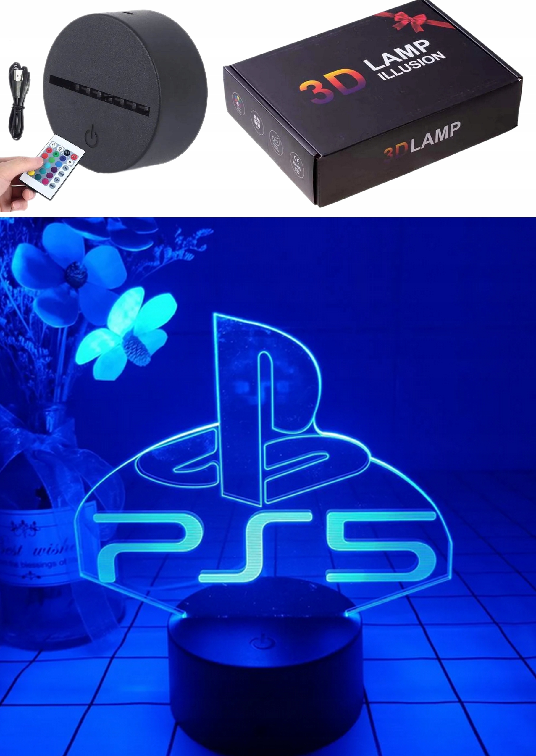 LAMPKA NOCNA NEON AKRYL DEKORACJA 3D HOLOGRAM LED RGB LOGO PS5 + PILOT ...