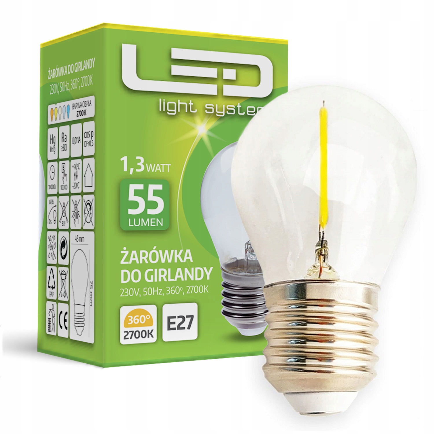ŻARÓWKA LED E27 1,3W 2700K Edison Filament Kulka Ozdobna (LLSZarówka ...