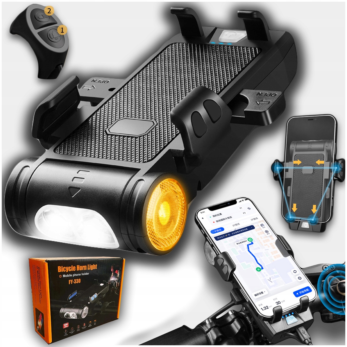 UCHWYT ROWEROWY NA TELEFON ROWER 5w1 LAMPKA KLAKSON PRZEDNIA POWERBANK ...