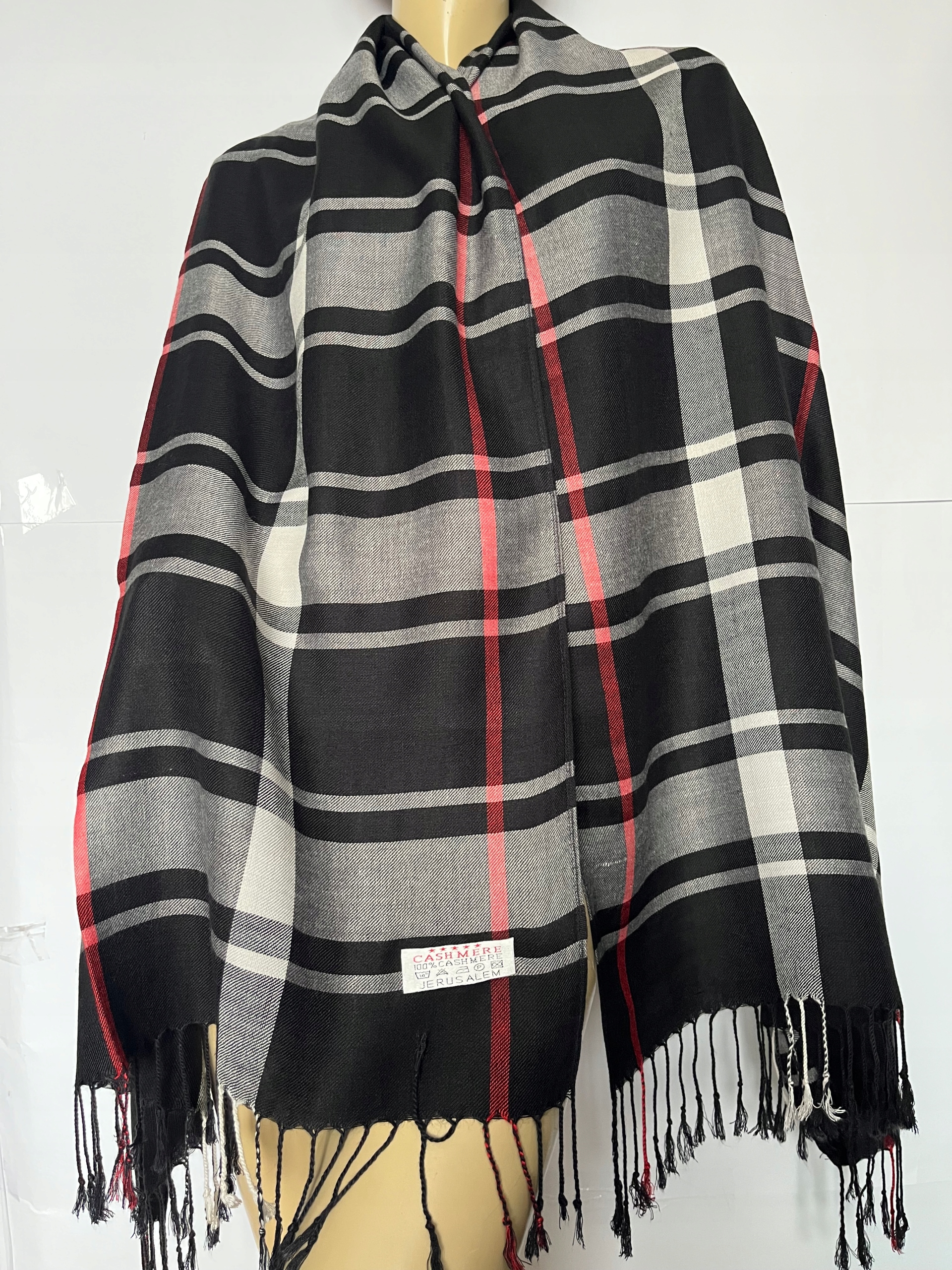 Pashmina 100% cashmere Jerusalem szal kratka 190x68 • Opinie - Allegro