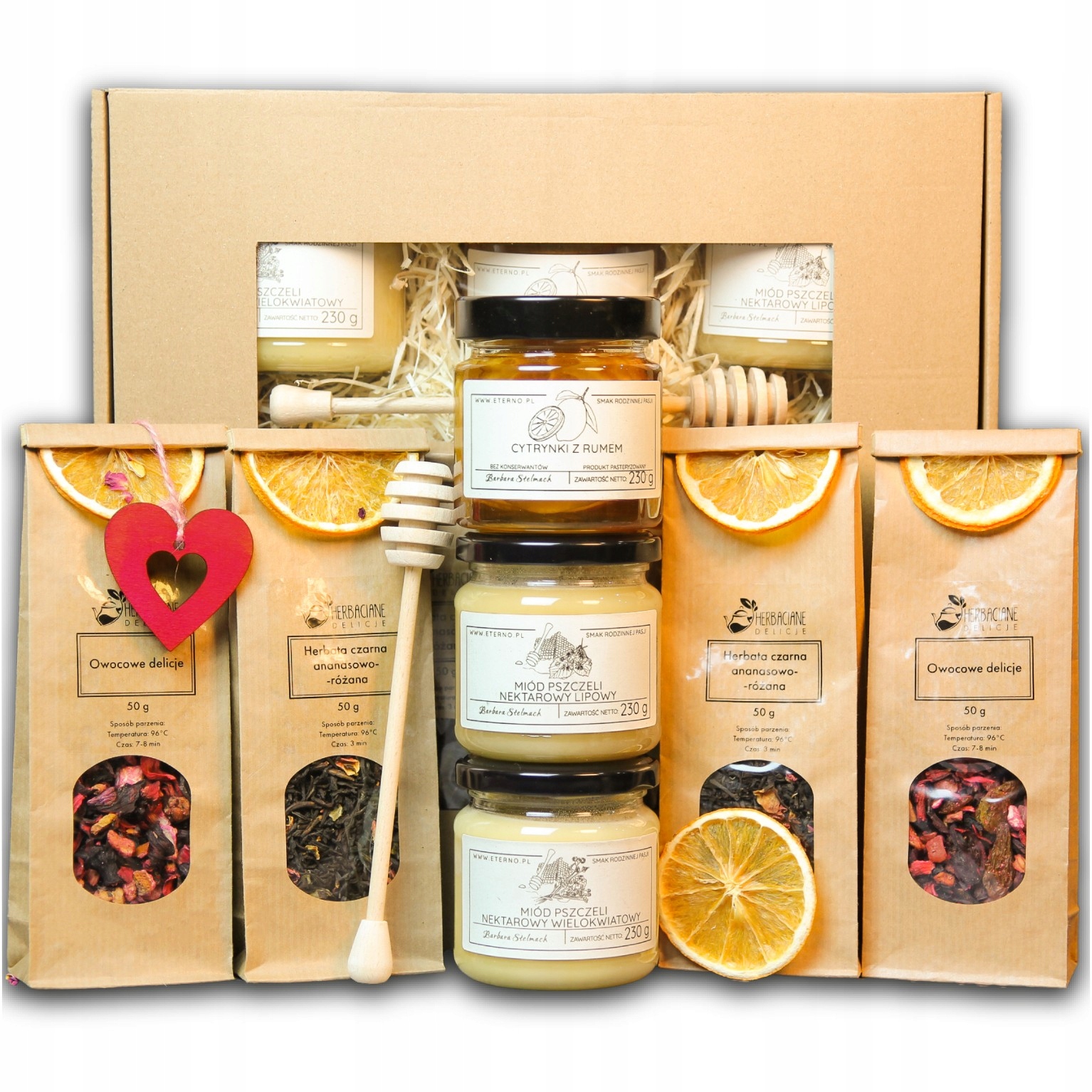 KOSZ PREZENTOWY ZESTAW HERBAT NA PREZENT MIODY PŁATKI RÓŻ GRATIS SERCE ...