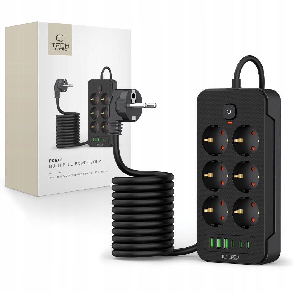TECH-PROTECT PC6X6 POWER STRIP 3 USB & 3 TYPE-C & 6 SOCKET 200CM BLACK ...