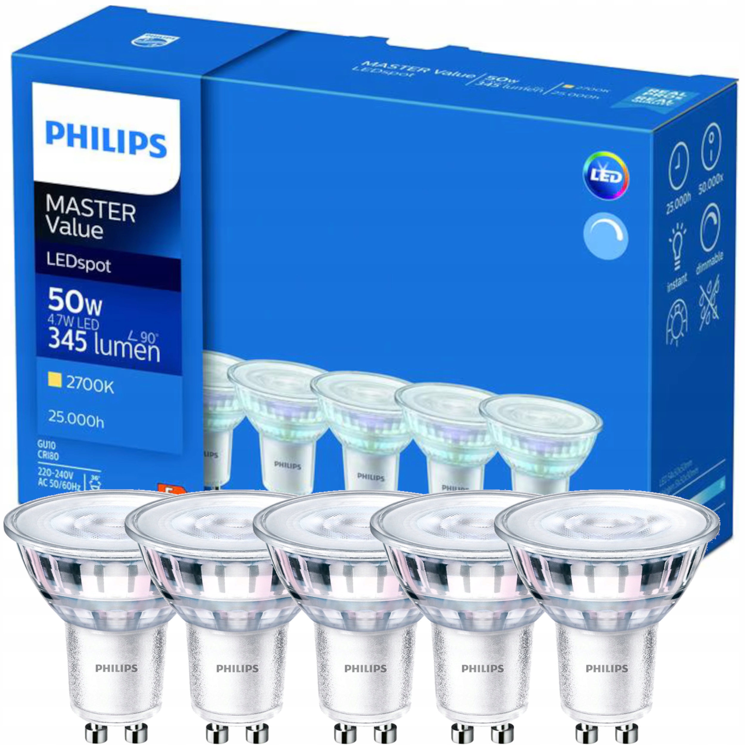 LED žiarovka GU10 5x Philips 4.7W = 50W 345lm 2700K teplá Master Value ...