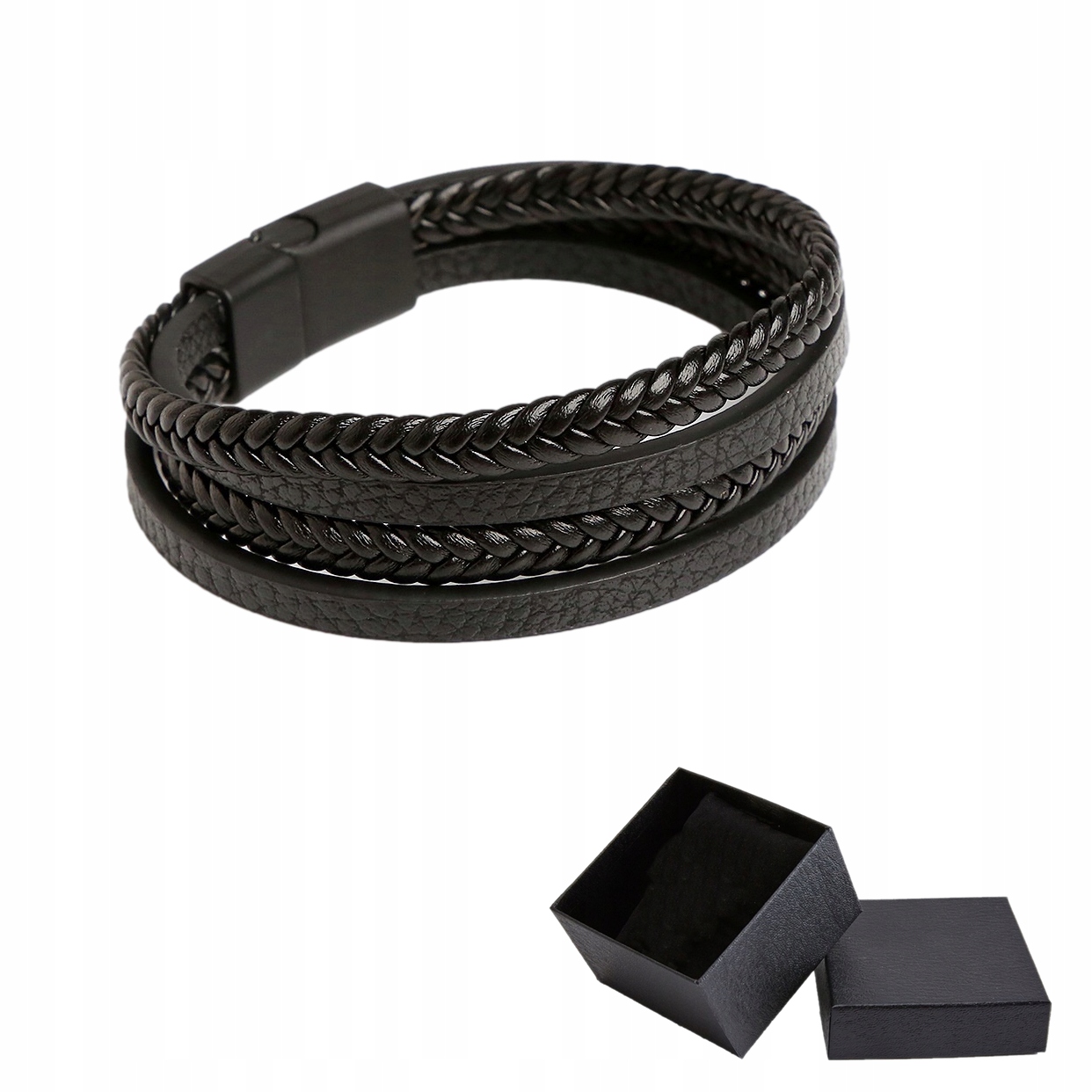 Kožený Pánsky Náramok Zapletený Čierny Titánový Darček Pre Muža - Allegro