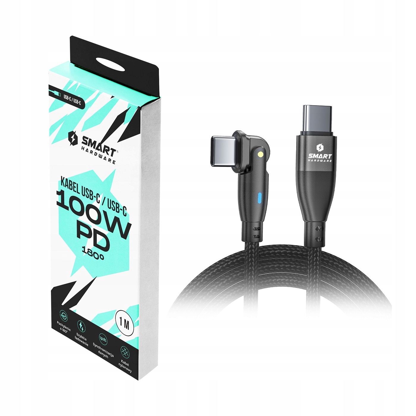 SMART HARDWARE KABEL PRZEWÓD 180° USB-C 100W PD 5A 20V 9V 5V 1M CZARNY ...