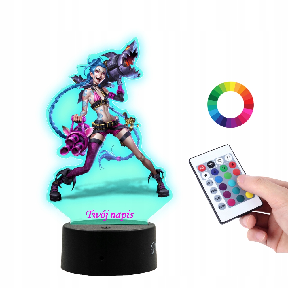 LAMPKA na SZKLE League of Legends Jinx 3D LED RGB + PILOT 16 KOLORÓW ...