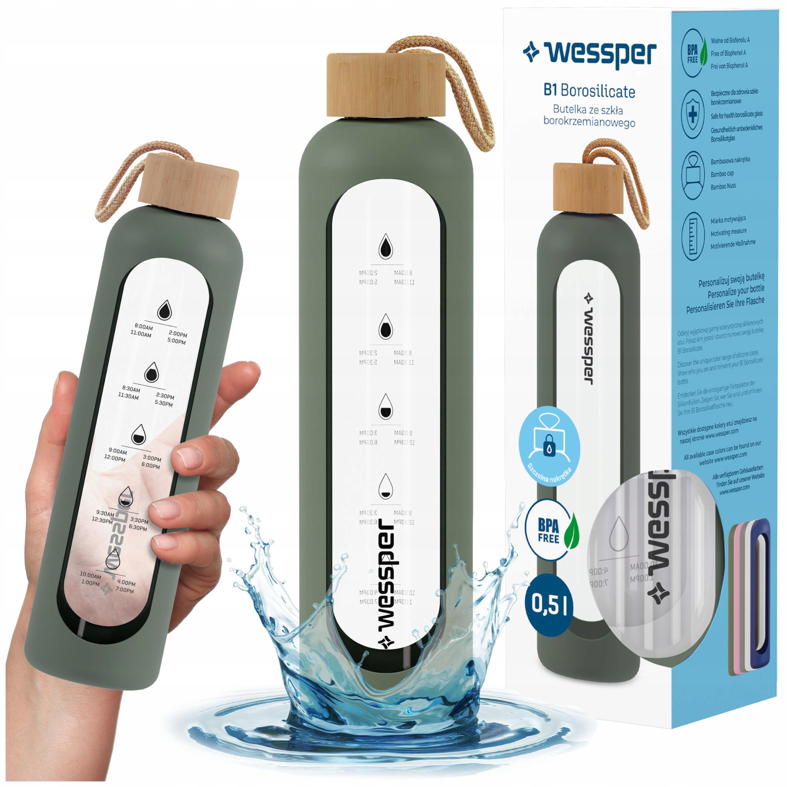 BIDON BUTELKA SZKLANA NA WODĘ WESSPER 500ml 0,5l + pokrowiec z silikonu (5902668843447) • Cena ...