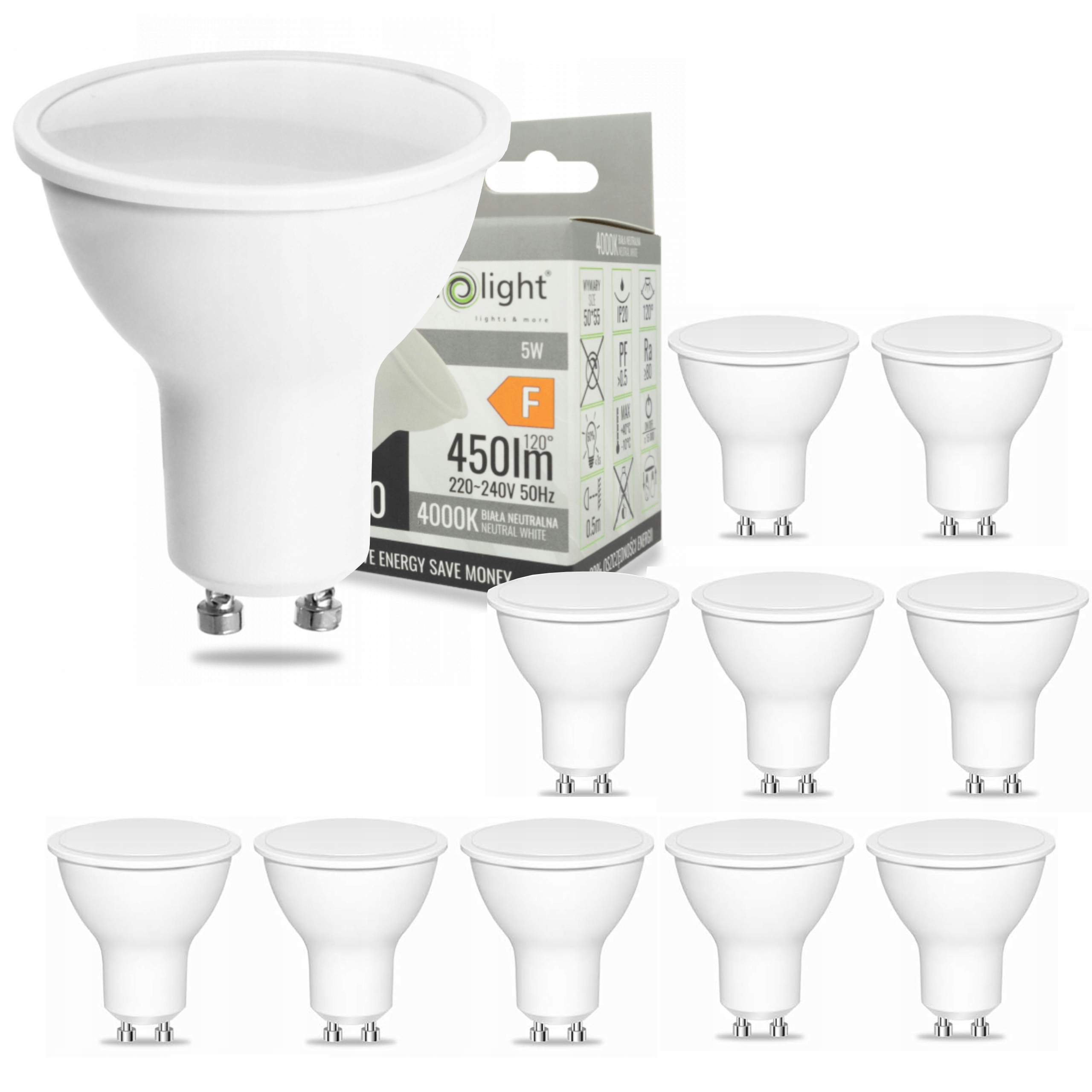 10 szt. Żarówka LED Reflektorek Halogen GU10 5W 4000K Biała Neutralna 400lm (5901986793045 ...