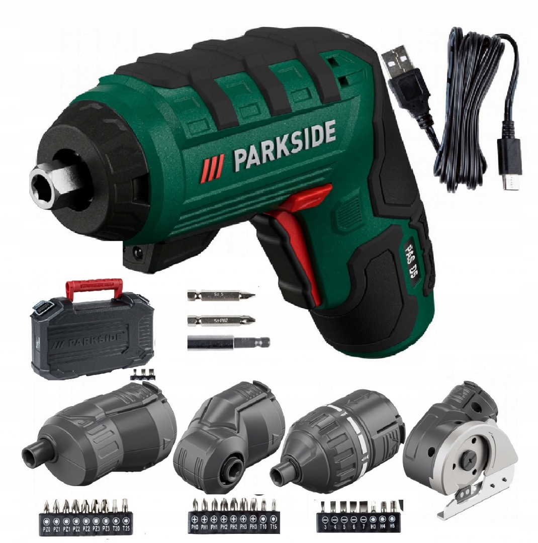 MINI WKRĘTARKA AKUMULATOROWA PARKSIDE PAS D5 + 4 nasadki i zestaw bitów ...