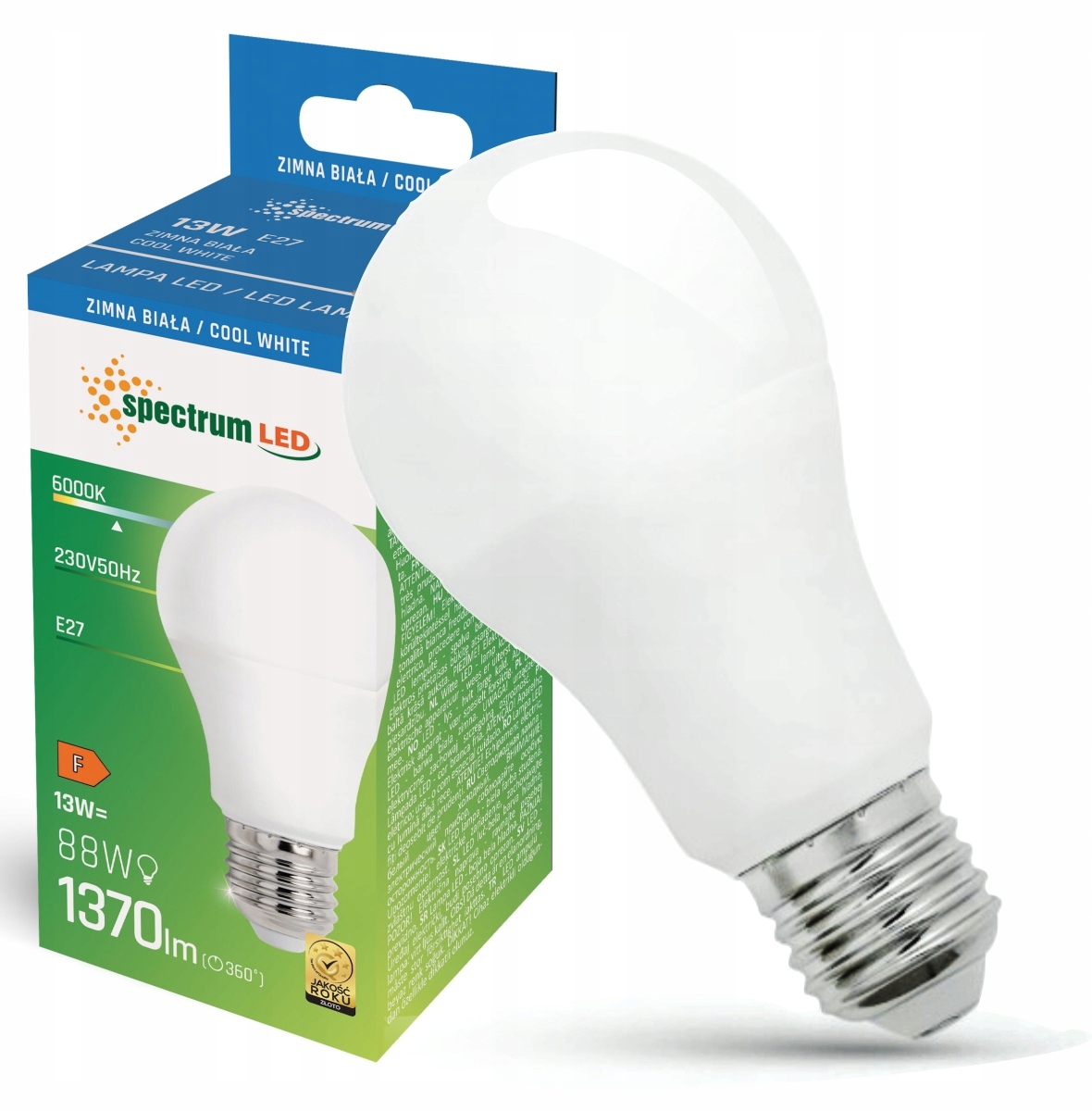 Żarówka LED bańka E27 13W = 88W b.zimna 6000K 1370lm mleczna Spectrum ...
