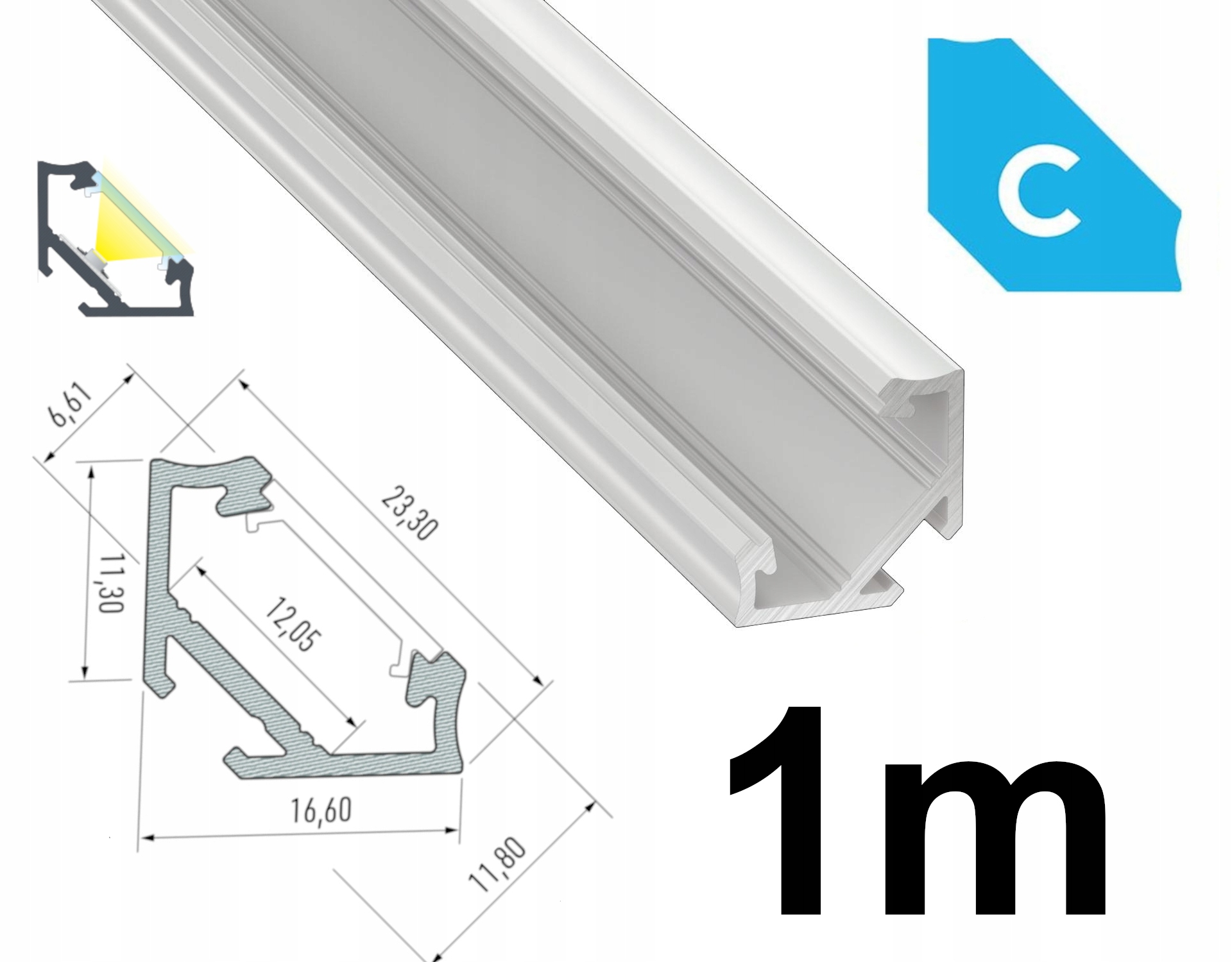 PROFIL DO TAŚM LED NAROŻNY KĄTOWY 45° C BIAŁY 1M (PROFIL DO LED TYP C ...