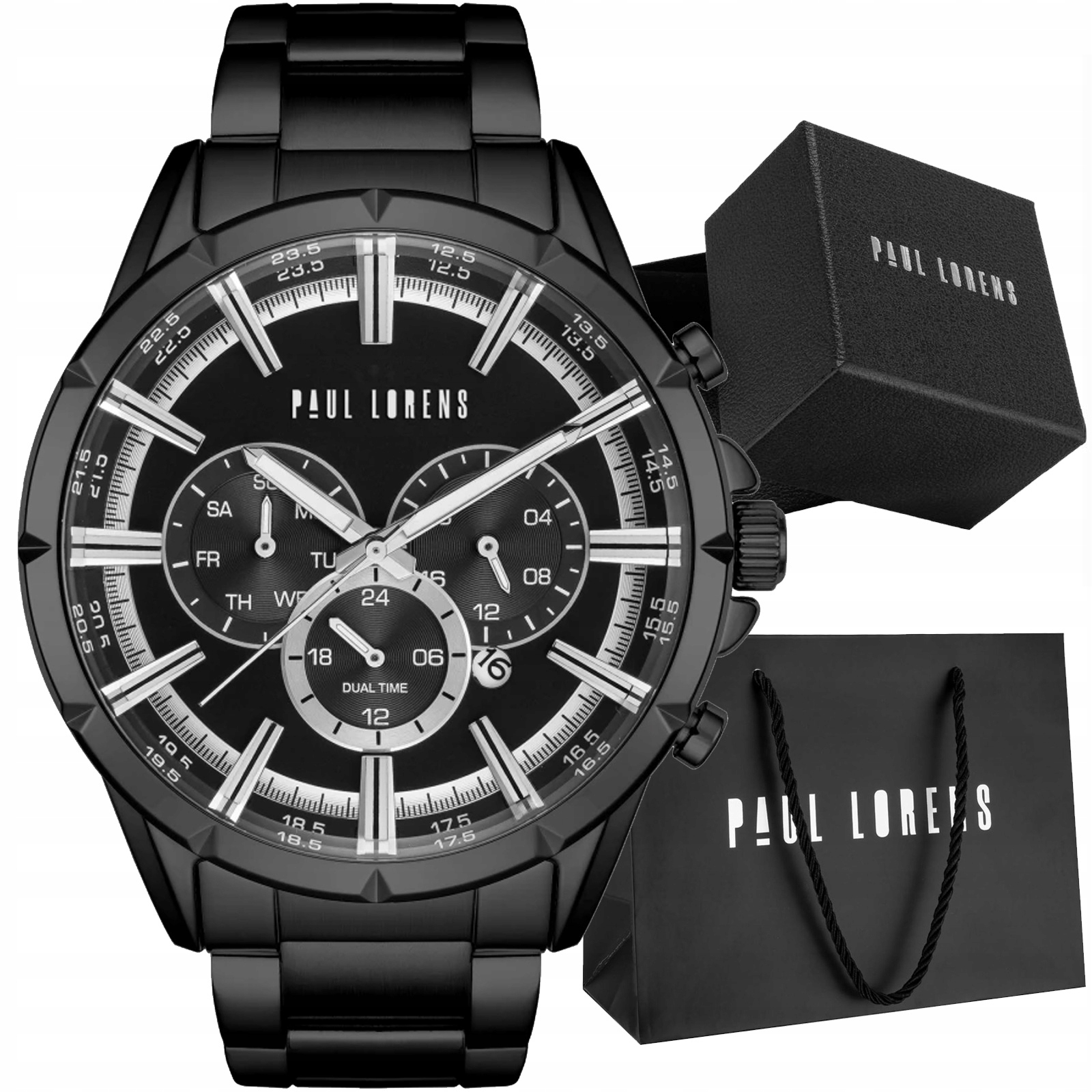 Paul Lorens zegarek męski STALOWA BRANSOLETA + MULTIDATOWNIK ...