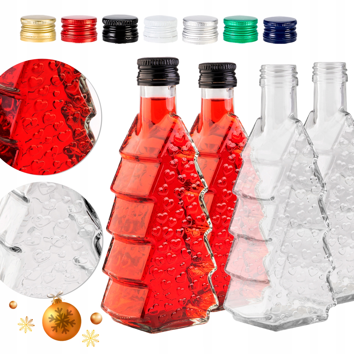 5 db KARÁCSONYI ÜVEG, FENYŐFA MINTÁVAL, SZÍVEKKEL DOMBORNYOMOTT, LIKŐR ...