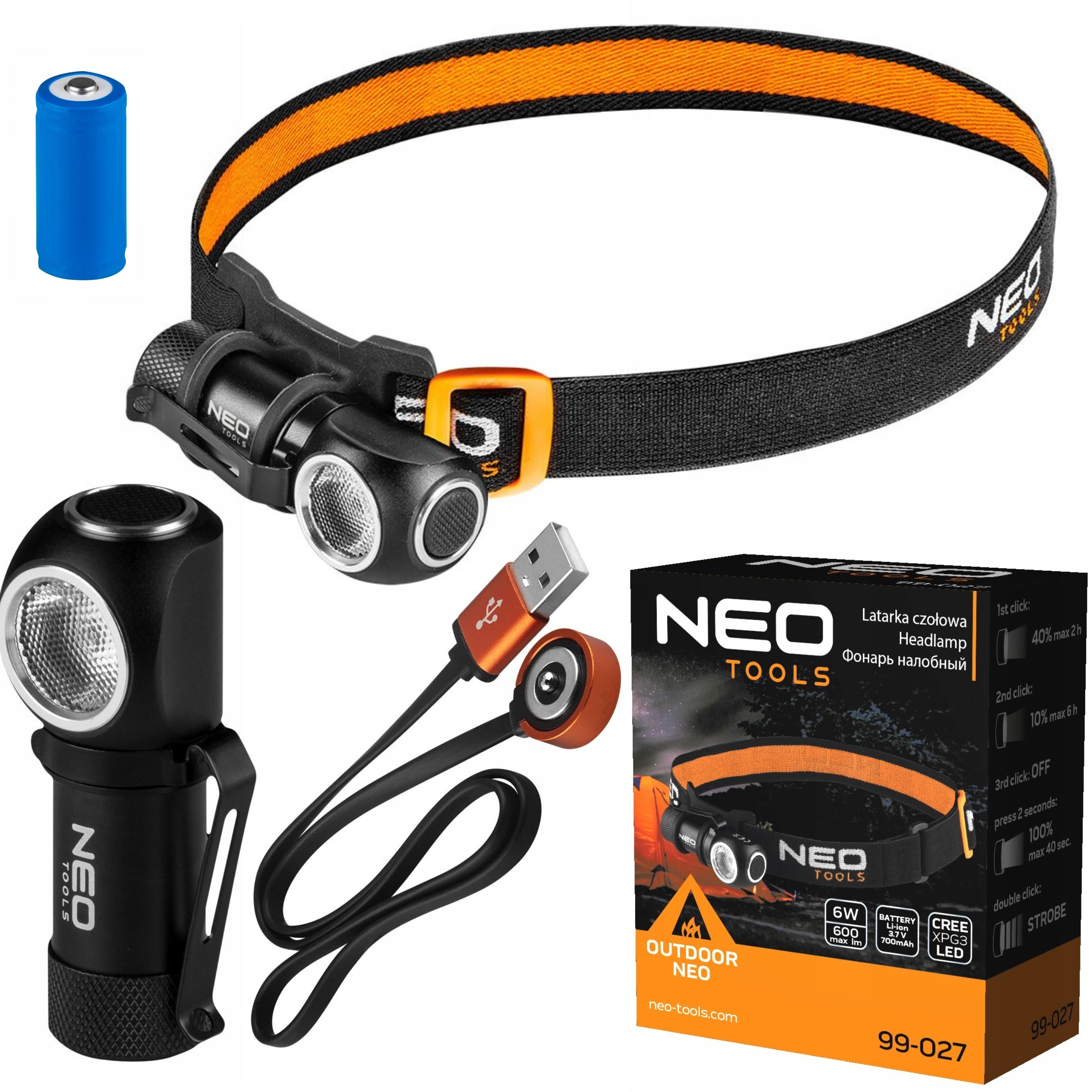 NEO latarka czołowa akumulat. 600 lm USB magnet. ładowanie CREE XPG3 LED - 5907558451252 ...