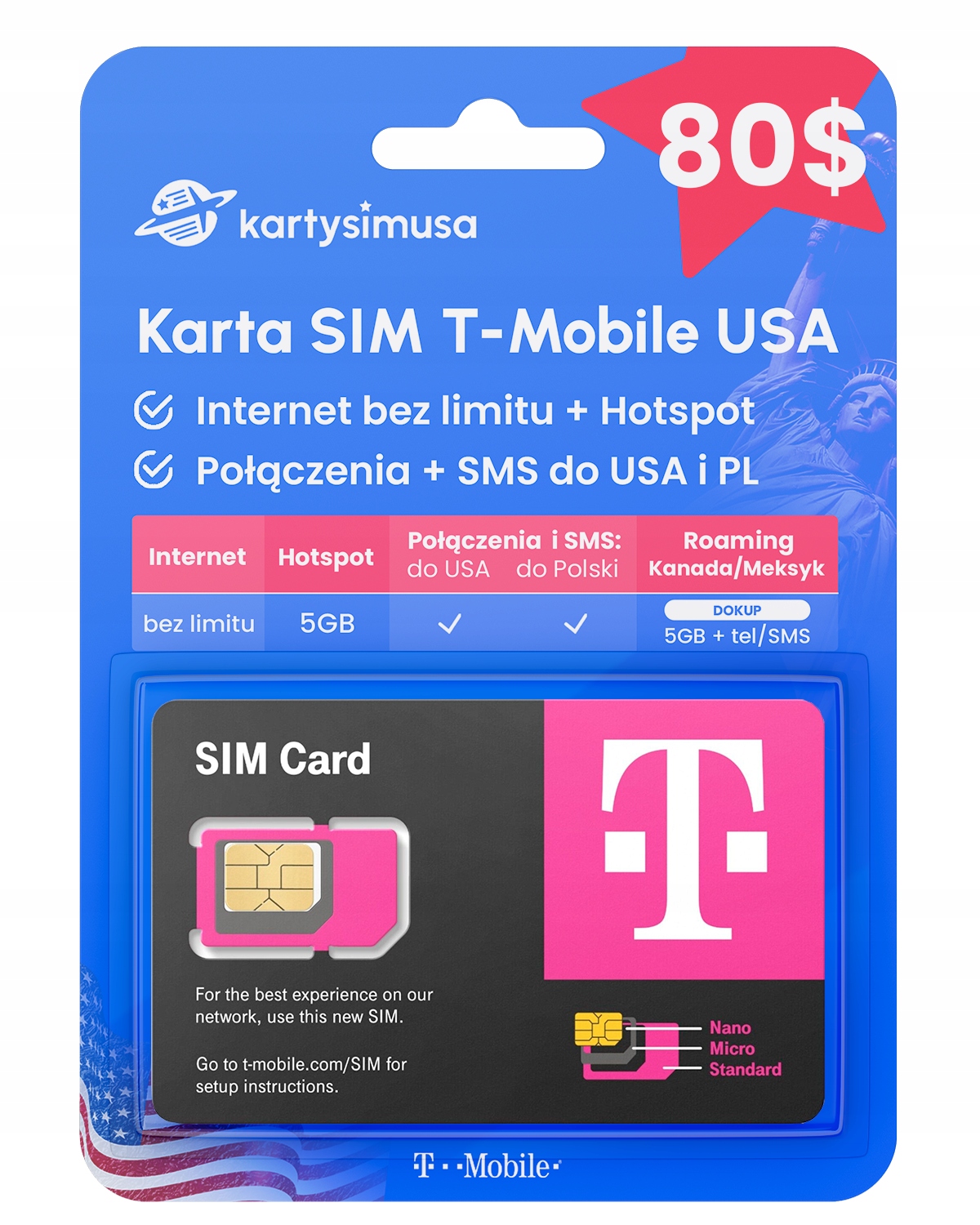 Karta SIM T-Mobile USA 75$ internet bez lim.+HS+PL - Sklep, Opinie, Cena w Allegro