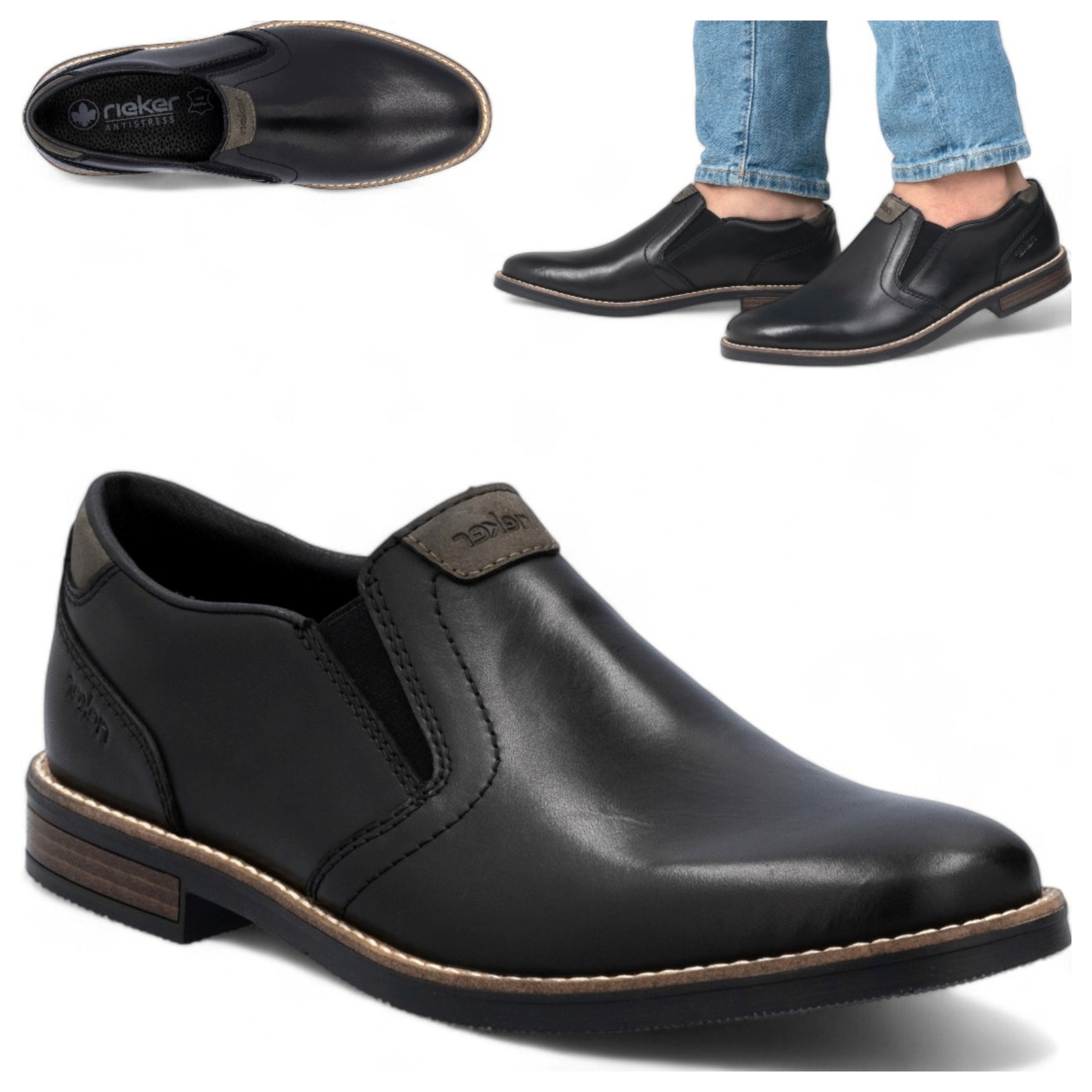 Skórzane Buty RIEKER Wiosenne Męskie Mokasyny szerokie Wygodne Czarne ...