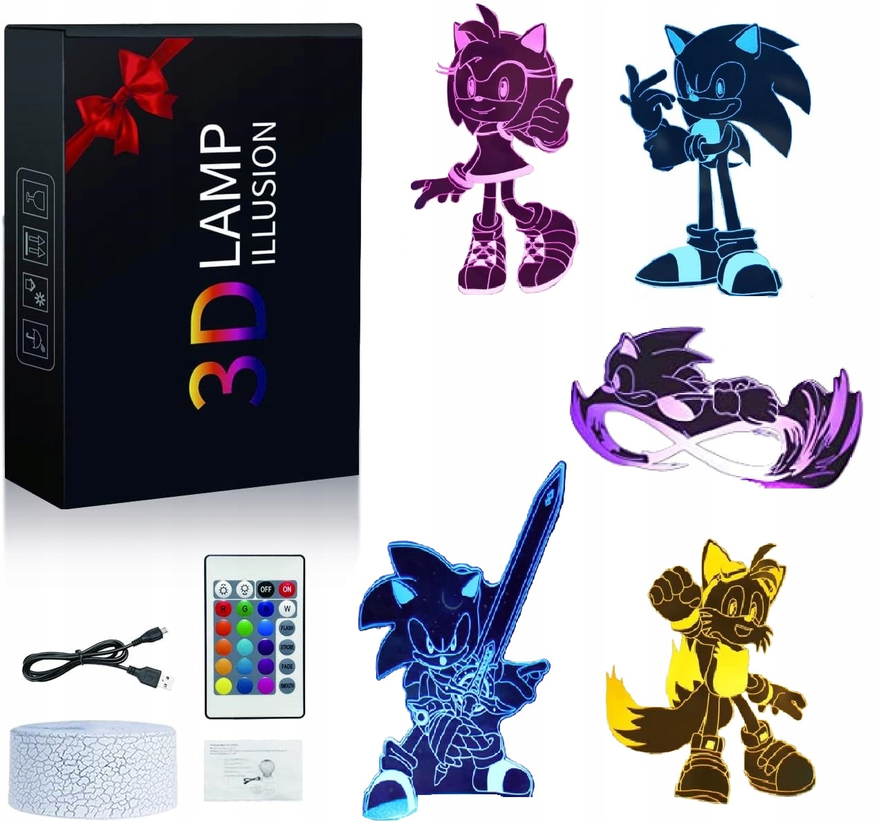 Lampka nocna LED 3D SONIC hologram 5xpanele ŚWIATŁO LED DEKORACJA USB ...