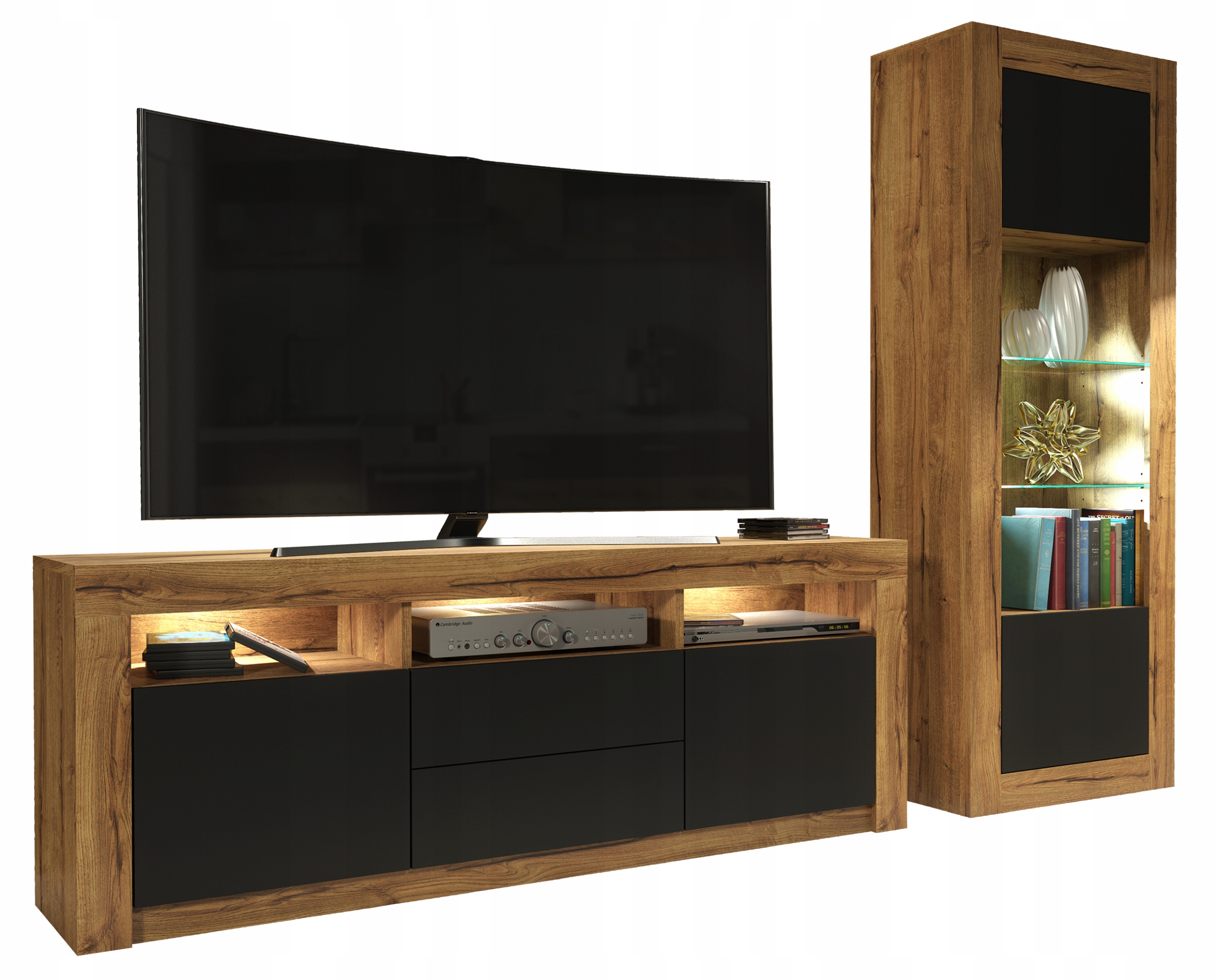 ZESTAW SZAFKA RTV TV WITRYNA RETRO LOFT DĄB/CZARNY (E051 + E110) • Cena ...