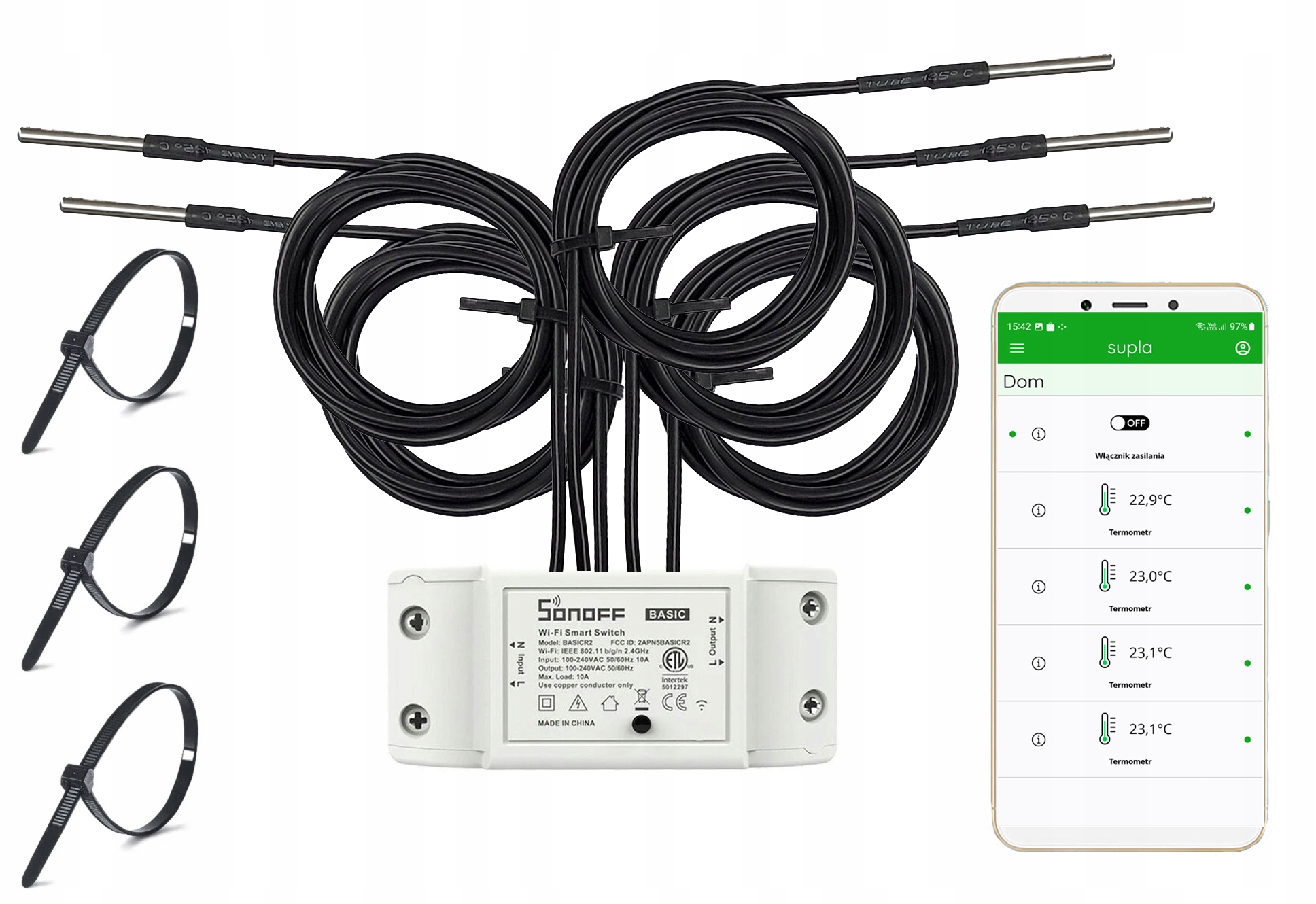 SONOFF BASIC Wifi CZUJNIK TEMPERATURY TERMOMETR DS18B20 3x2mb + 2x3mb Supla (5905591044257 ...