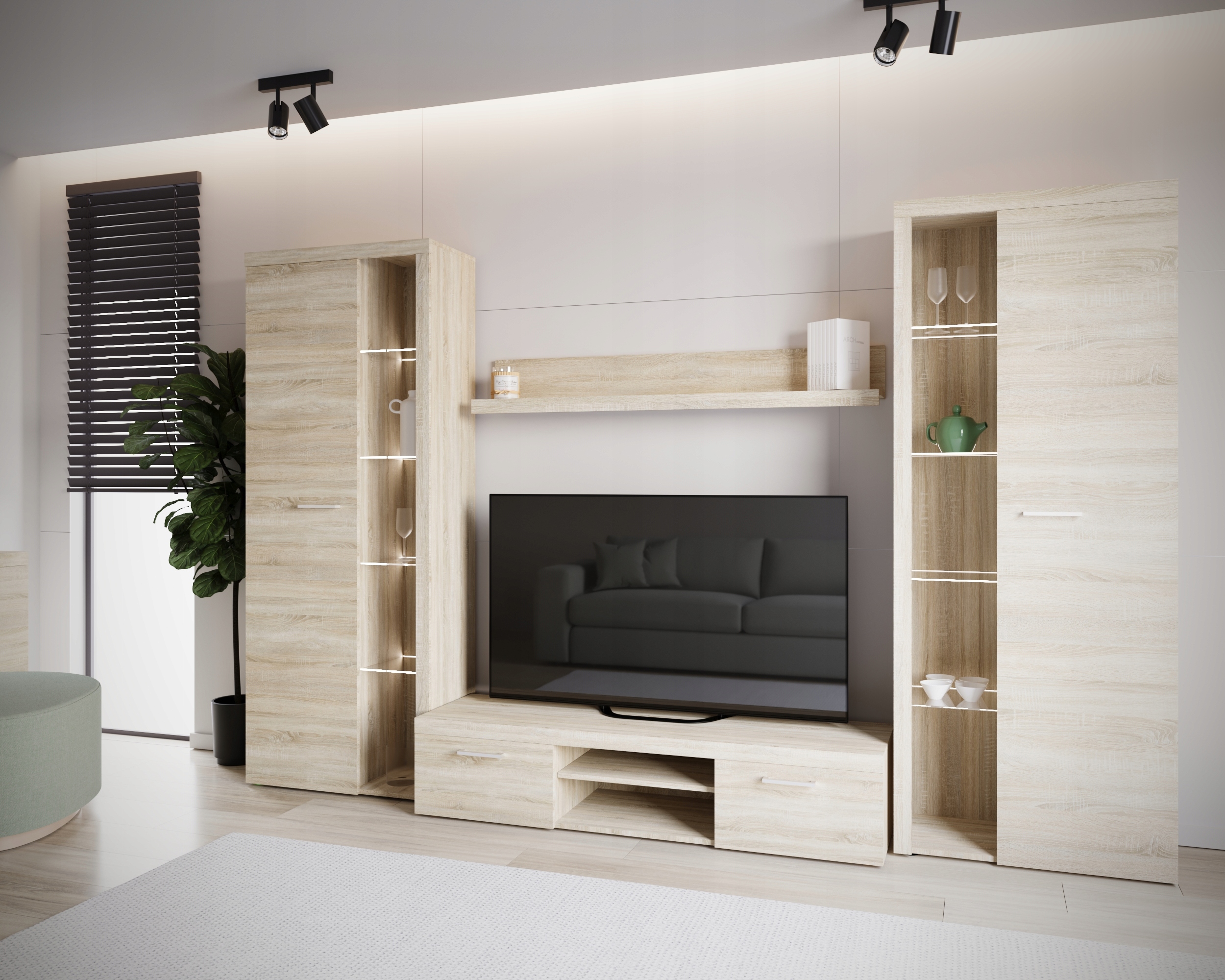 Meblościanka Zestaw Mebli do Salonu Dąb Sonoma Lefkas Biały Beton ...