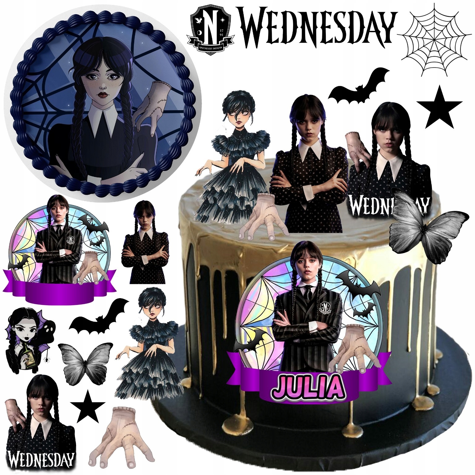 OPŁATEK NA TORT WEDNESDAY + POSTACIE I NAPIS OKRĄGŁY 20 CM NA ...