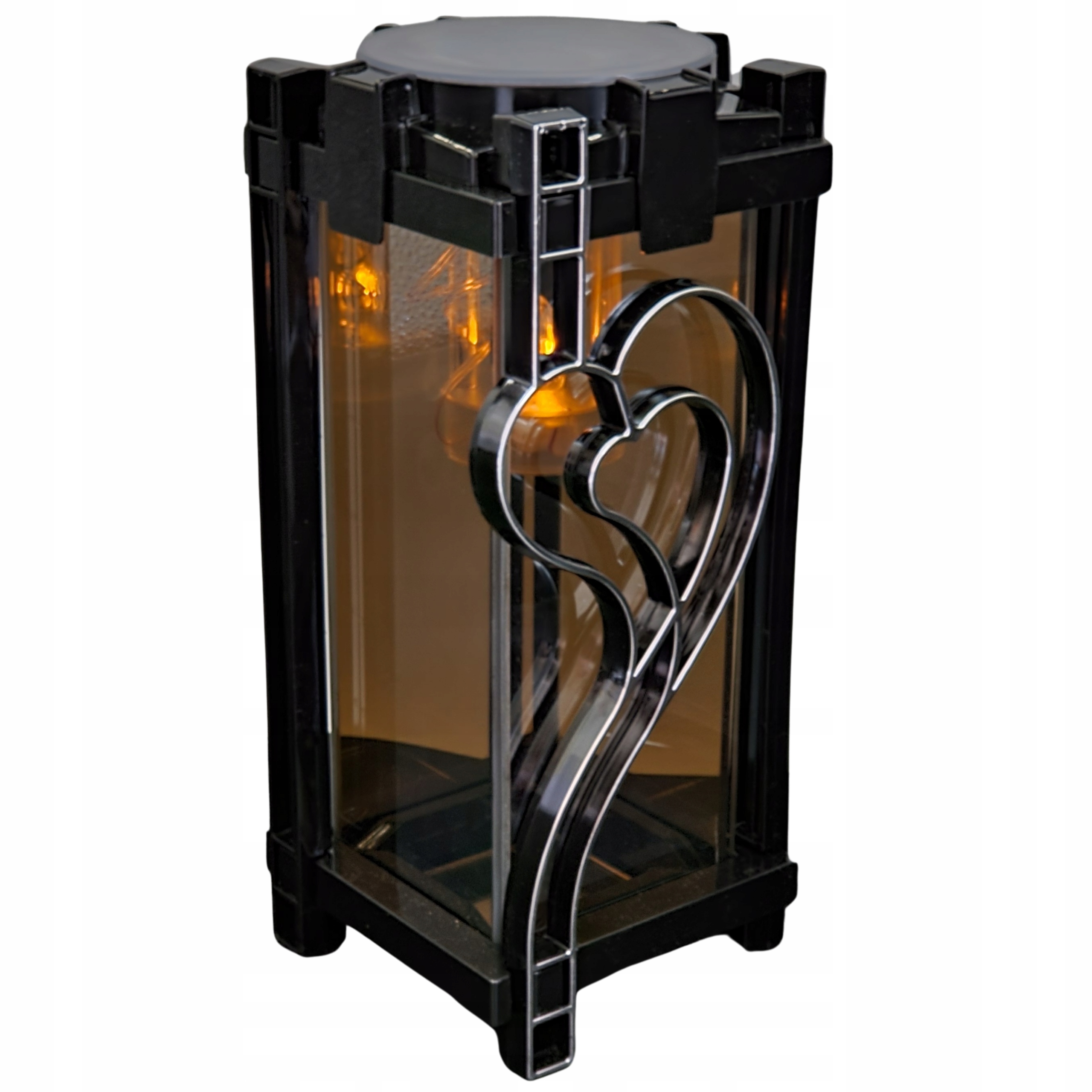 ZNICZ LAMPION KAPLICZKA SOLARNY KWADRAT SERCE ZŁOTY dymione szkło ...