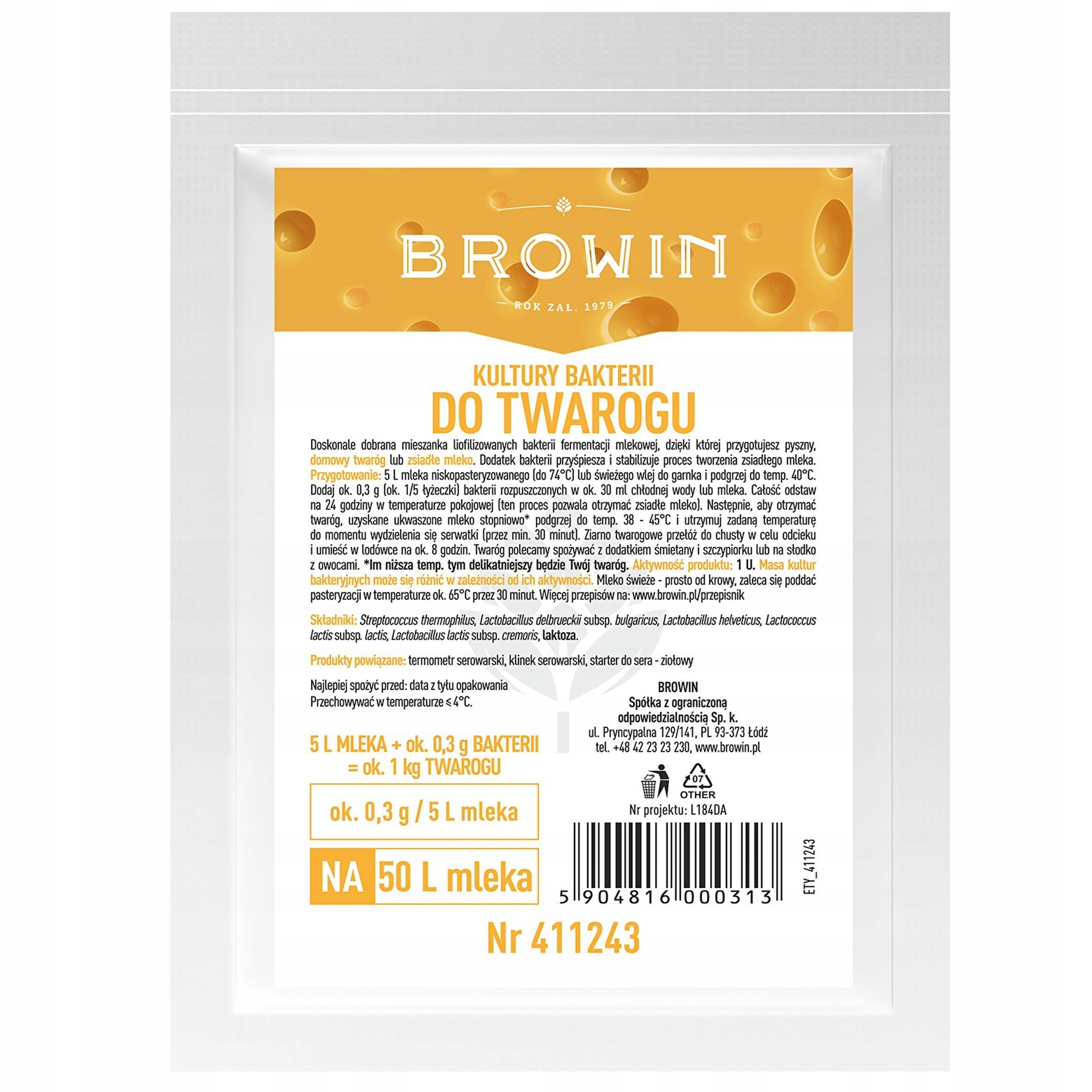 Kultury bakterii do twarogu na 50 L mleka BROWIN (5904816000313) • Cena ...