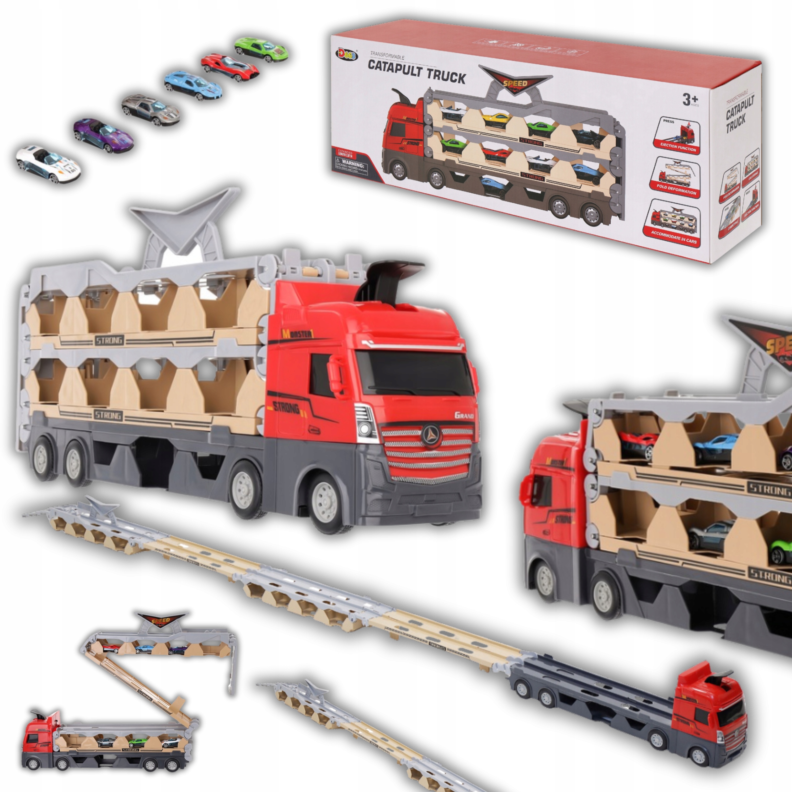 CIĘŻARÓWKA TIR ROZKŁADANA AUTO LAWETA TOR WYŚCIGOWY SAMOCHODOWY + 6 ...