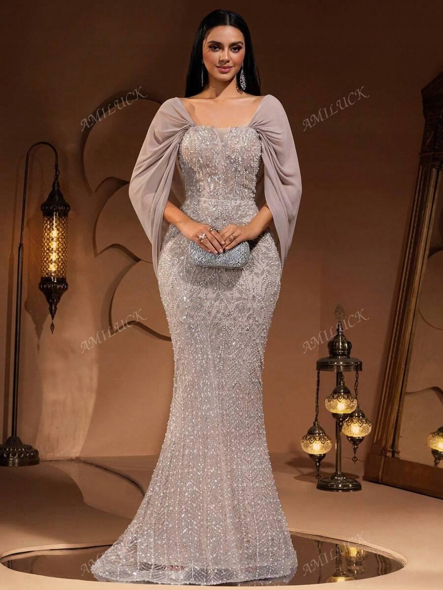 BEŻOWA MAXI SUKIENKA ZDOBIENIE • Cena, Opinie • Sukienki wieczorowe 17745295773 • Allegro