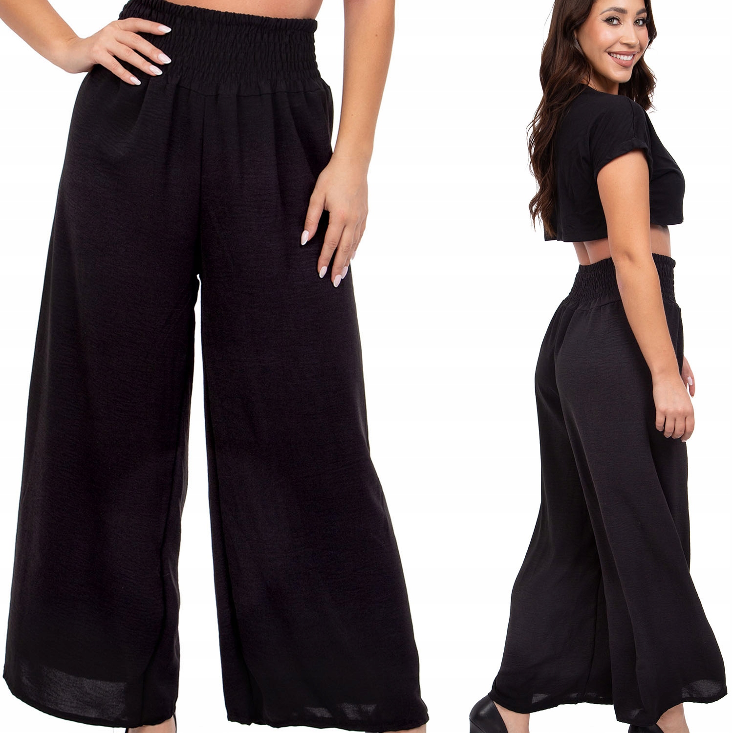 680_LETNIE ZWIEWNE SZEROKIE luźne SPODNIE damskie proste GUMA w pasie ...