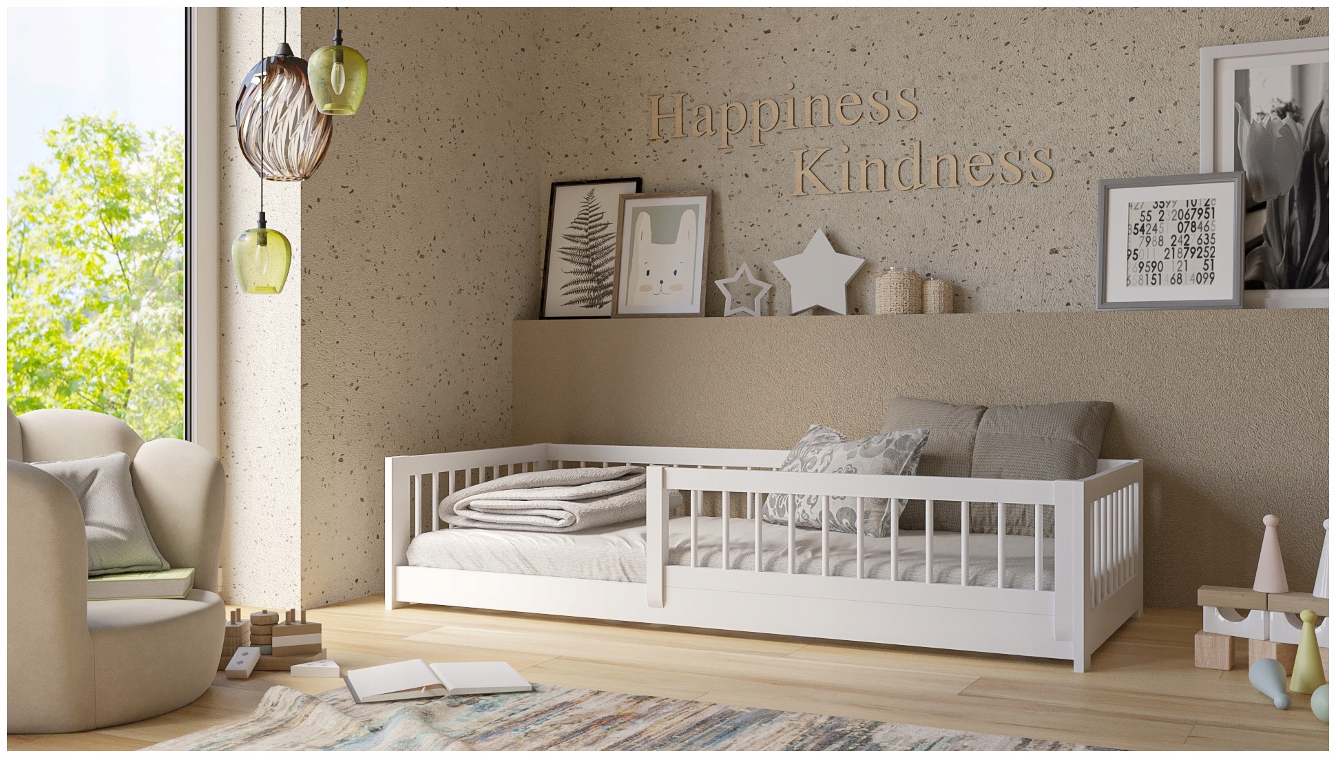 ŁÓŻKO DZIECIĘCE Z BARIERKĄ RICO 90X200 BIAŁE PODŁOGOWE 200X90 KOJEC ...