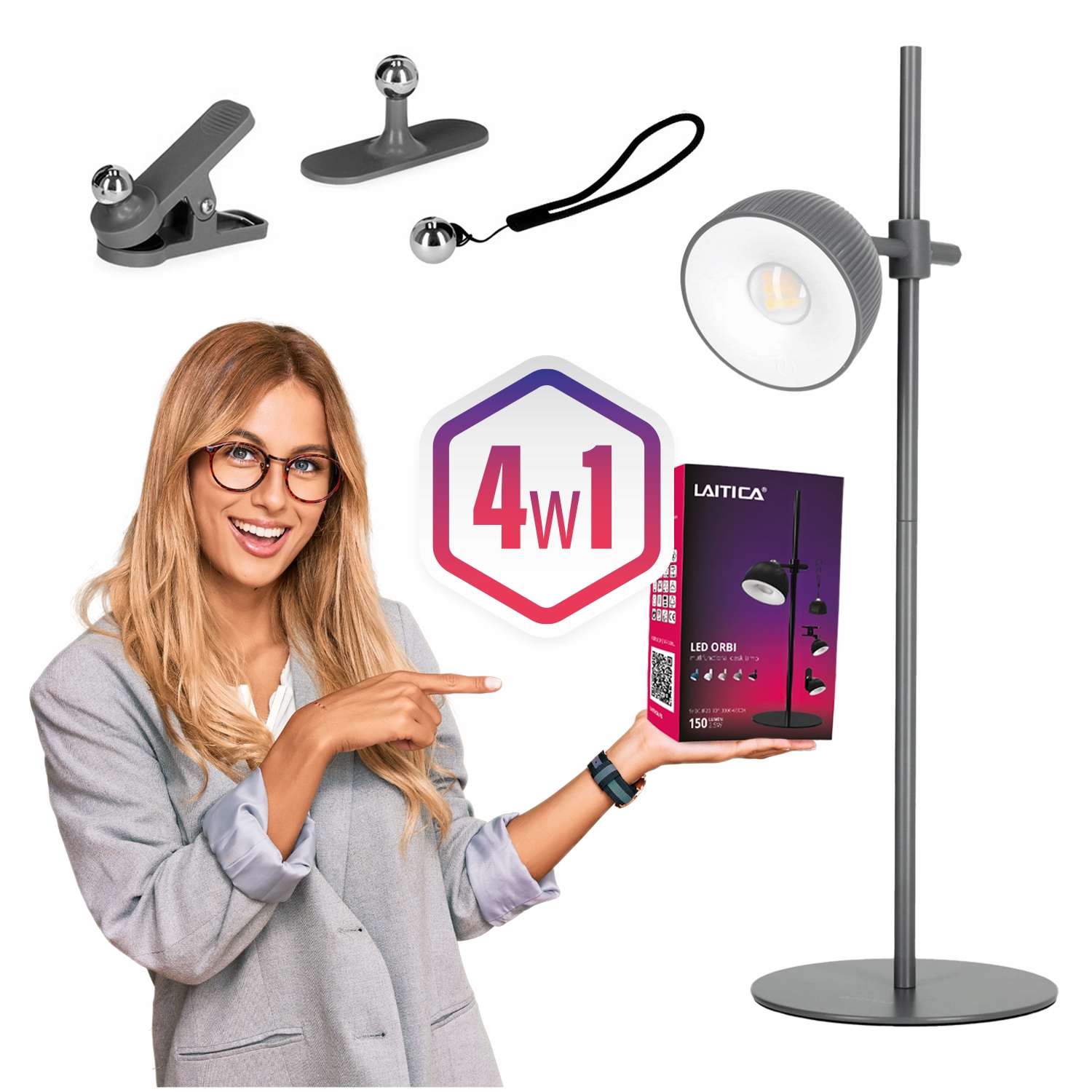 Bezprzewodowa Lampka Biurkowa LED Laitica ORBI Szara USB 4w1 REGULOWANA ...