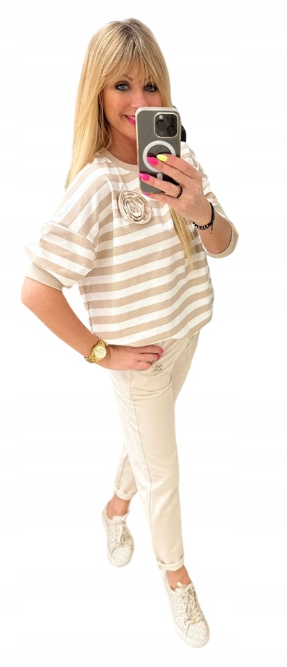 MEGI COLLECTION BLUZKA DAMSKA W PASKI S/M BEŻOWA 15440067796 - Allegro.pl