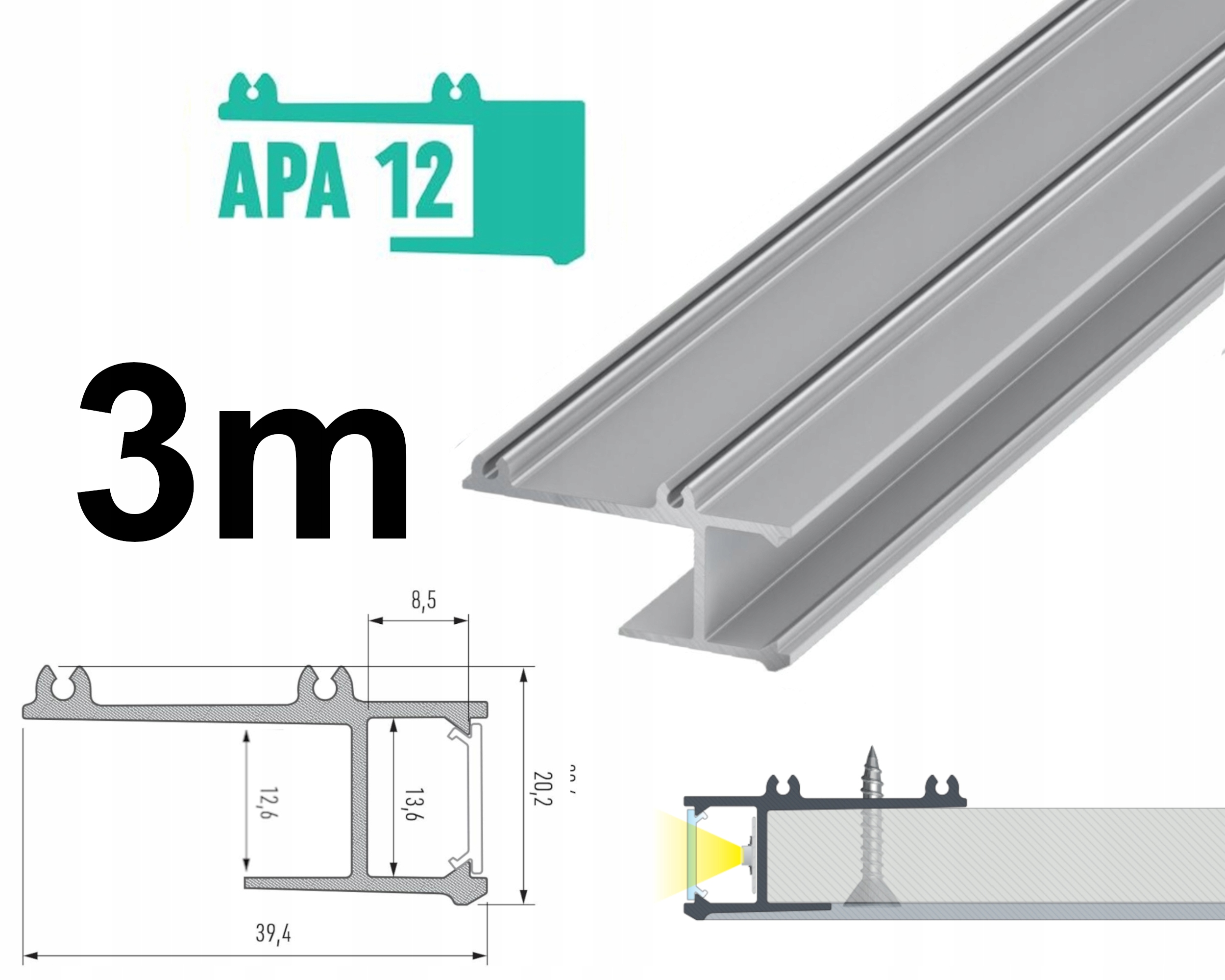 PROFIL LED GK DO TAŚM LED KRAWĘDZIOWY SUFITOWY APA12 SREBRNY 3m ...